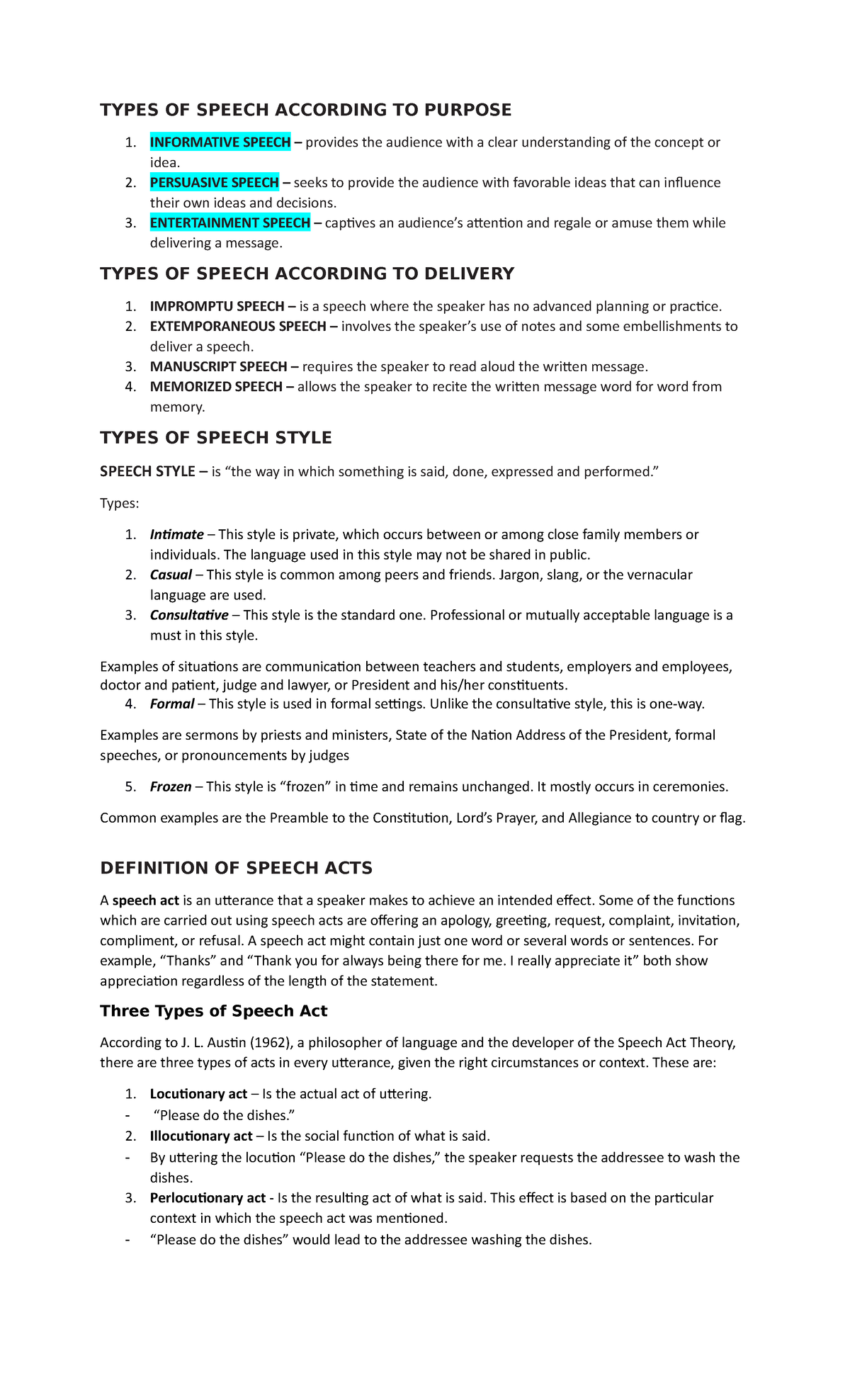 Speech Context AND Style - TYPES OF SPEECH ACCORDING TO PURPOSE ...