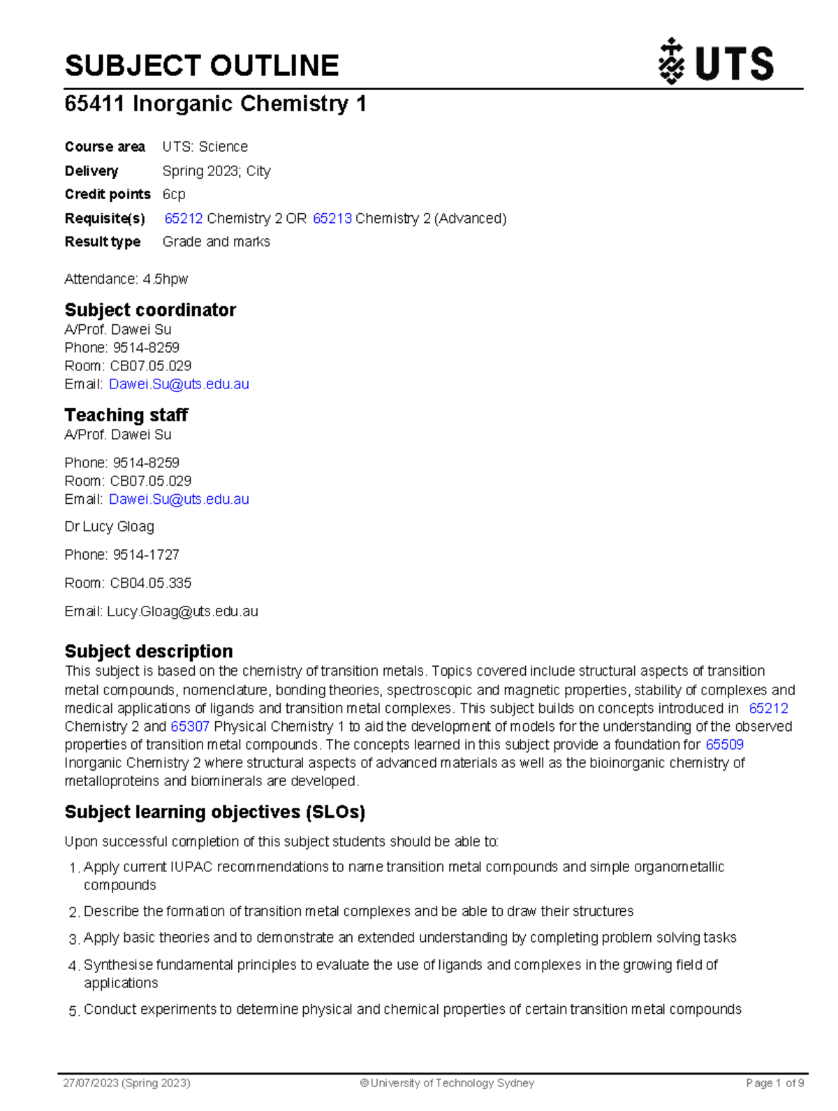 Subject outlines Inorganic Chem 1 - SUBJECT OUTLINE 65411 Inorganic ...