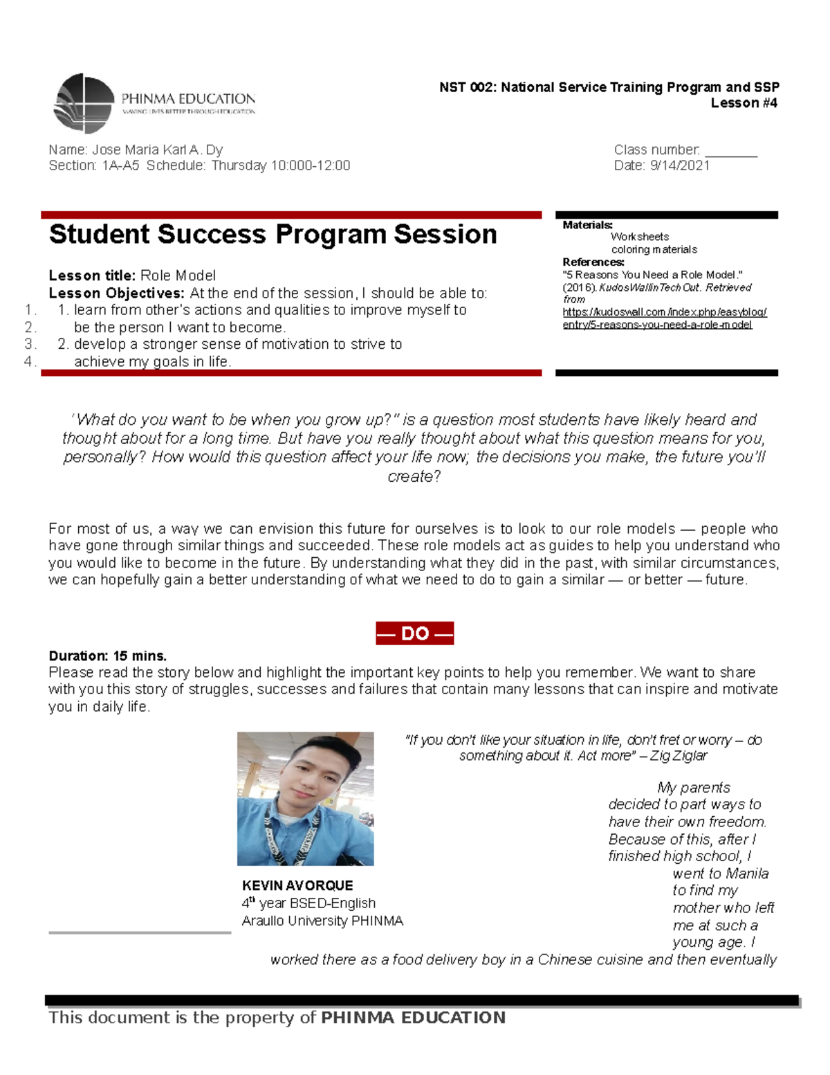 SAS 4 NST 002 Role Model - AU - Lesson # Name: Jose Maria Karl A. Dy ...