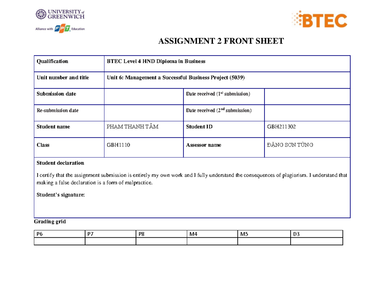 5039 Assignment-2-Frontsheet-Final - ASSIGNMENT 2 FRONT SHEET Qualification BTEC Level 4 HND ...