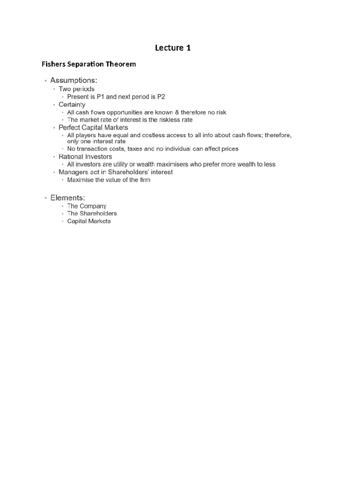 Lecture 1 - nites - Lecture 1 Fishers Separation Theorem Assumptions ...