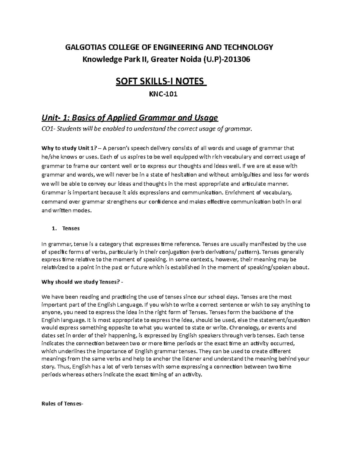 SOFT Skills I UNIT 1 - GALGOTIAS COLLEGE OF ENGINEERING AND TECHNOLOGY ...