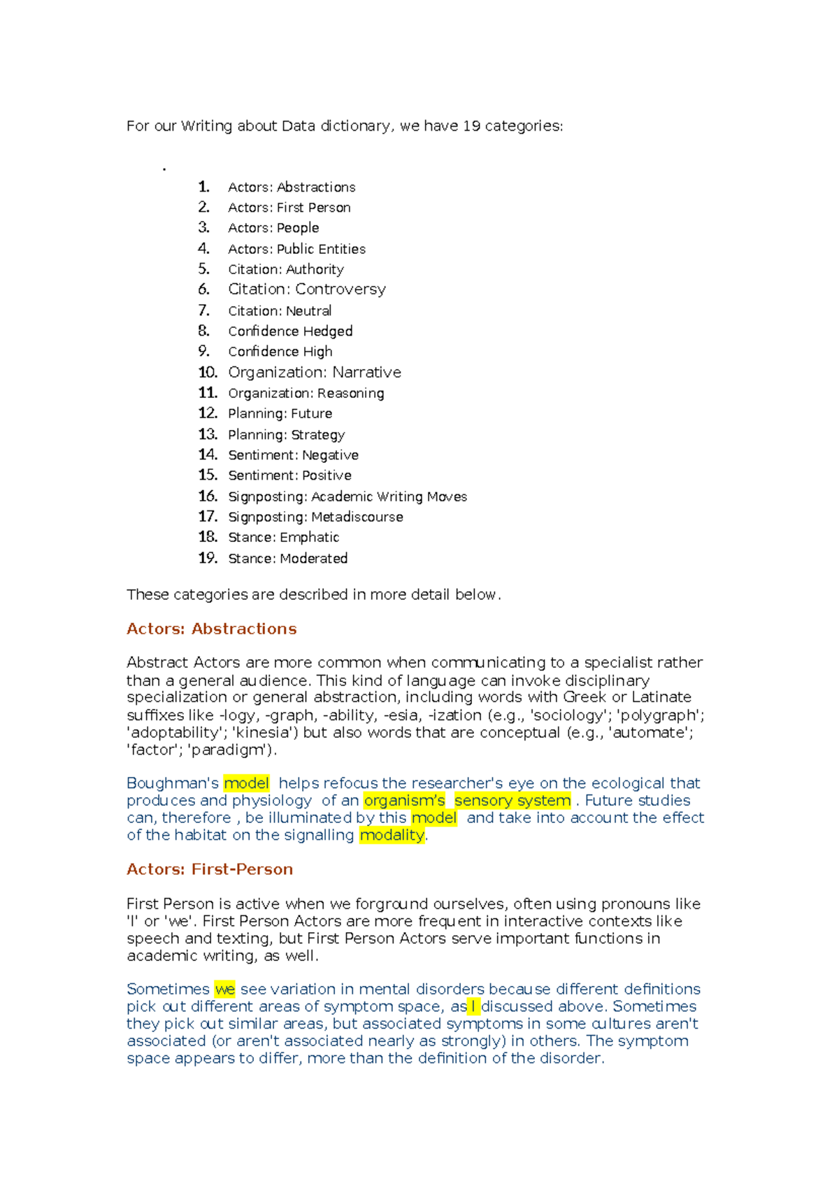 19 categories - For our Writing about Data dictionary, we have 19 ...