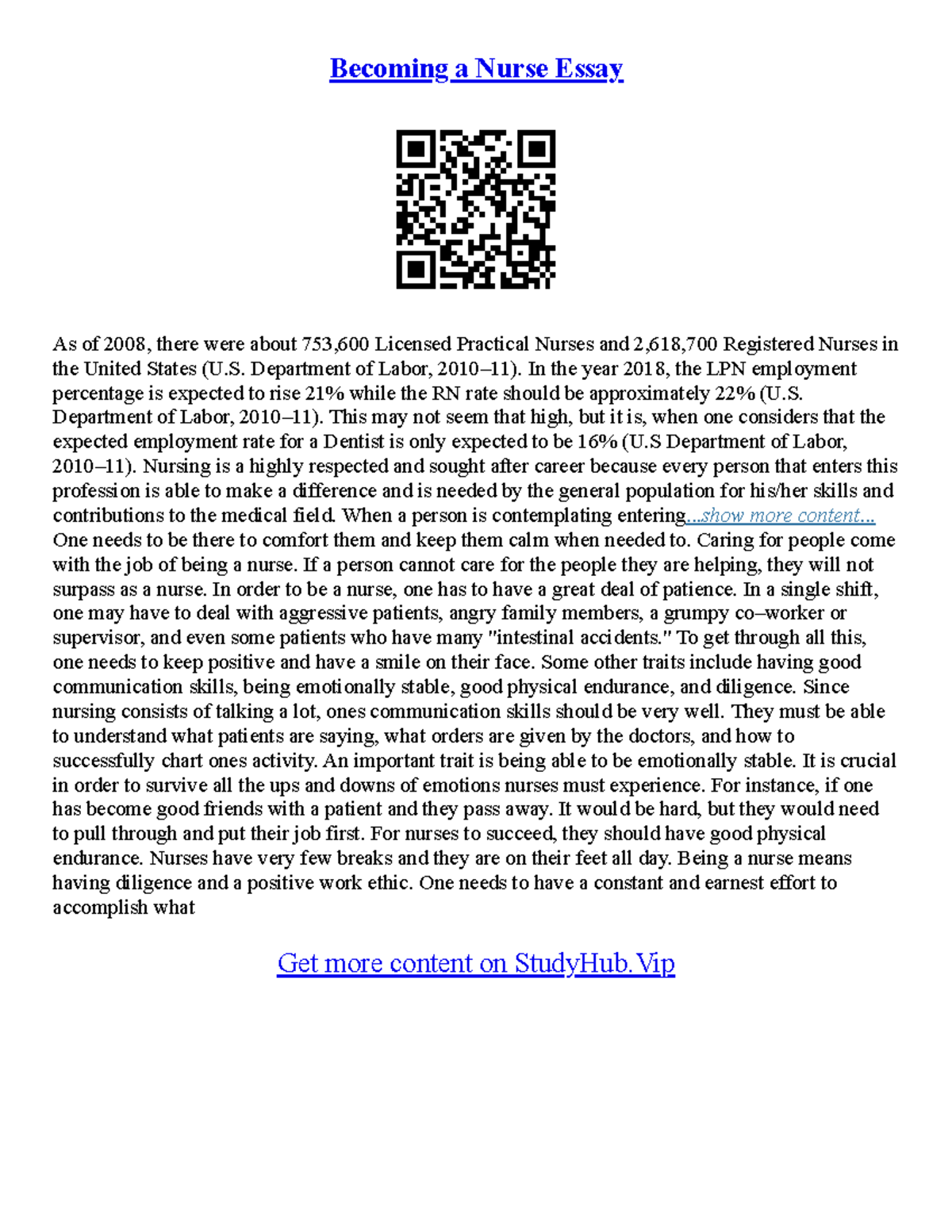 Why I Want To Become A Nurse Essay - Becoming a Nurse Essay As of 2008 ...