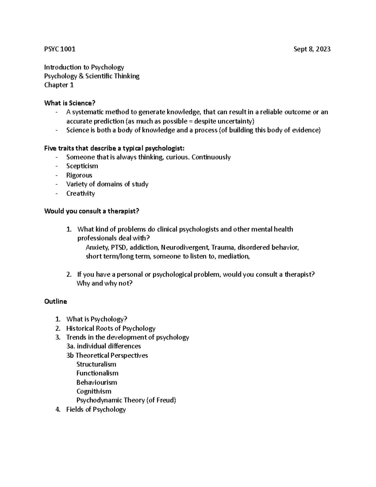 PSYC 1001 Chapter 1 Lecture notes - PSYC 1001 Sept 8, 2023 Introduc6on ...