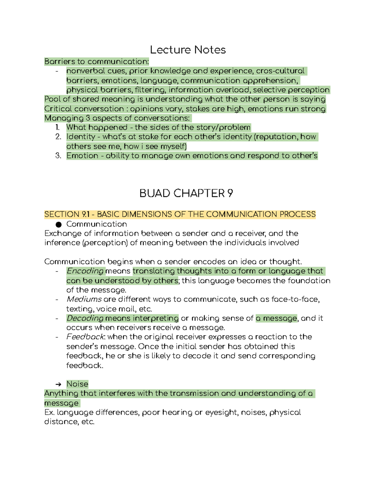 BUAD Chapter 9 - Lecture Notes Barriers to communication: - nonverbal ...