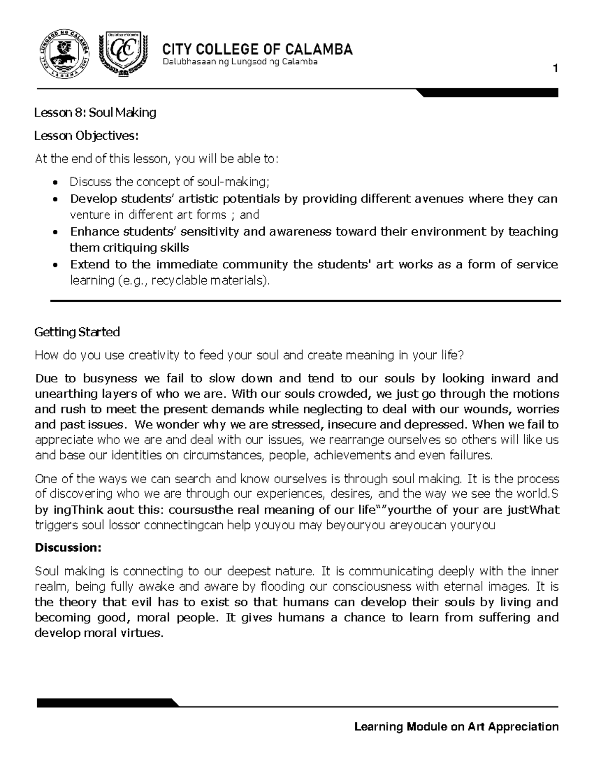 Artappreciationlesson 8to10 - Lesson 8: Soul Making Lesson Objectives ...