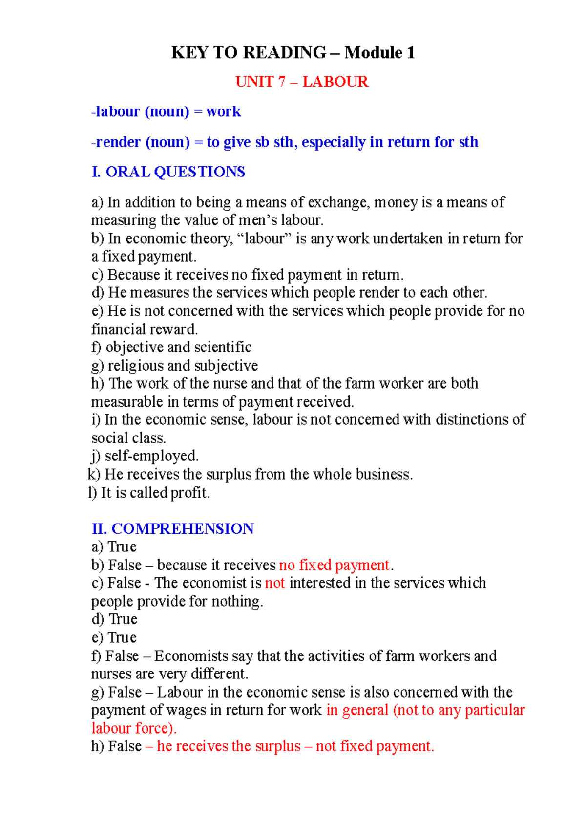 KEY TO Reading – Module 1 - UNIT 7 - KEY TO READING – Module 1 UNIT 7 ...