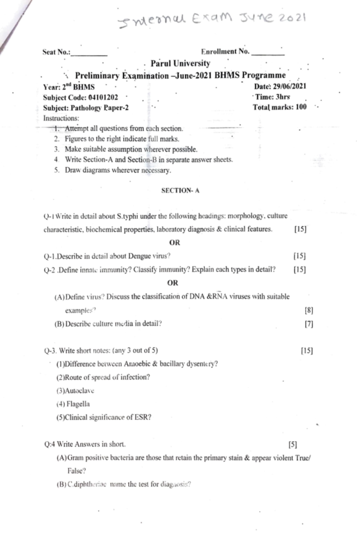 2nd BHMS Internal Exam Paper Pathology 2 June 2021 - I I Scat No ...