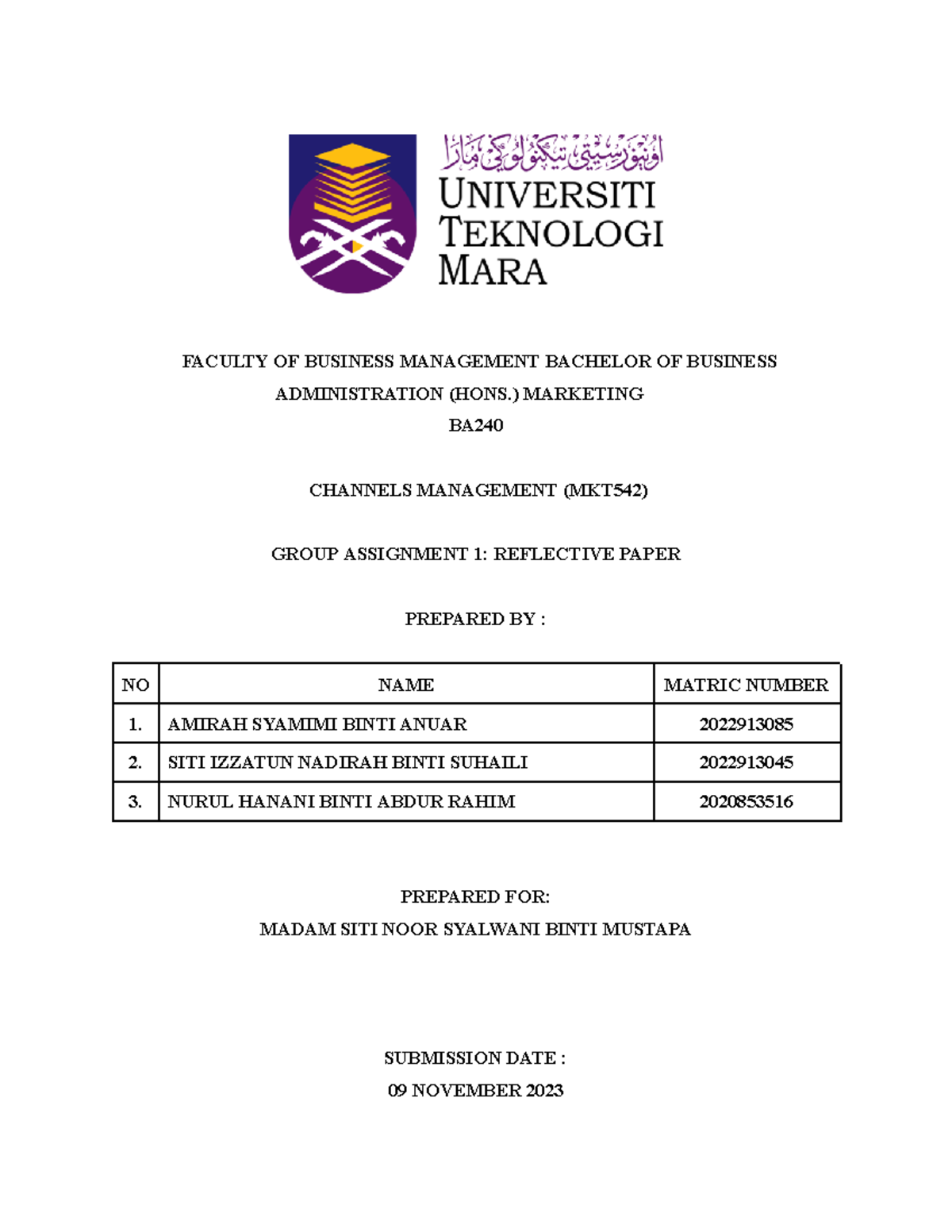 MKT542 Reflective Paper - FACULTY OF BUSINESS MANAGEMENT BACHELOR OF BUSINESS ADMINISTRATION ...