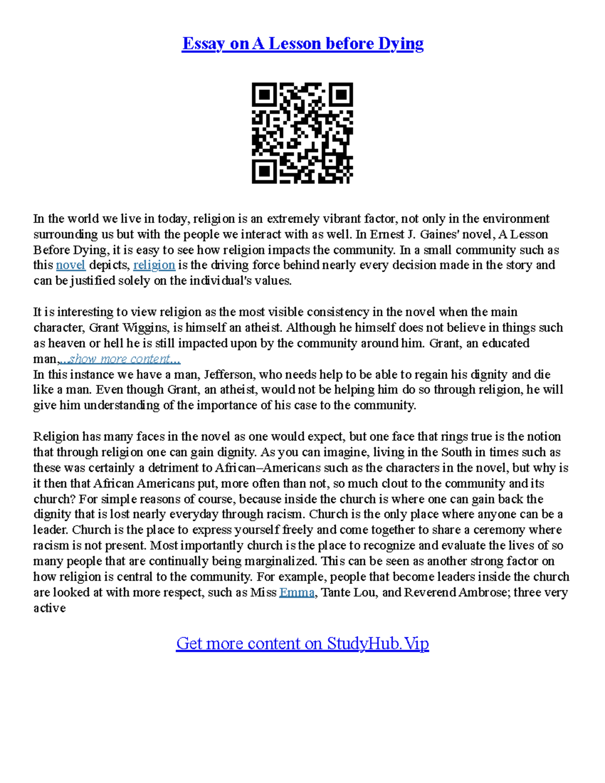 A Lesson Before Dying Essay Topics - Essay on A Lesson before Dying In ...