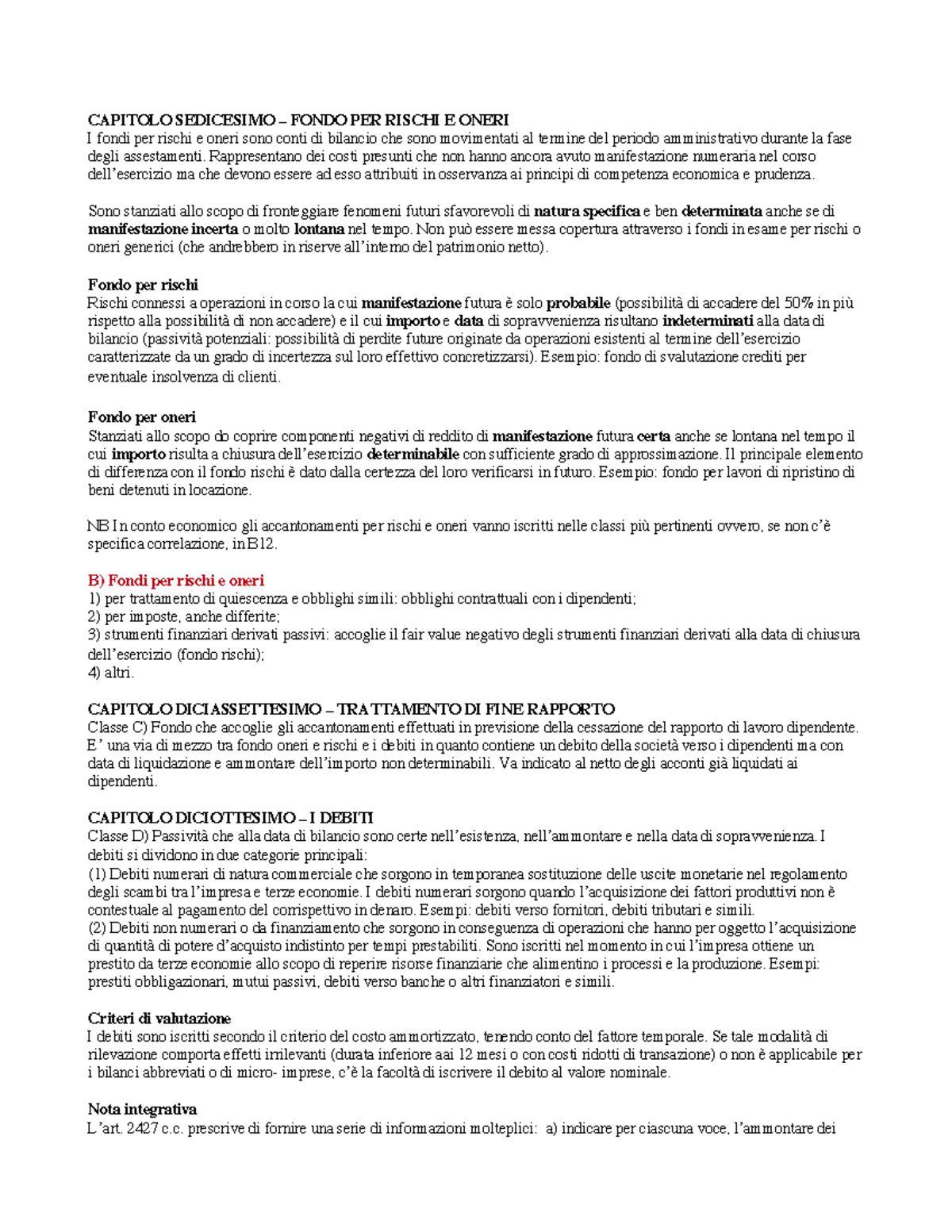 Parte Extra Economia - CAPITOLO SEDICESIMO – FONDO PER RISCHI E ONERI I fondi per rischi e oneri ...