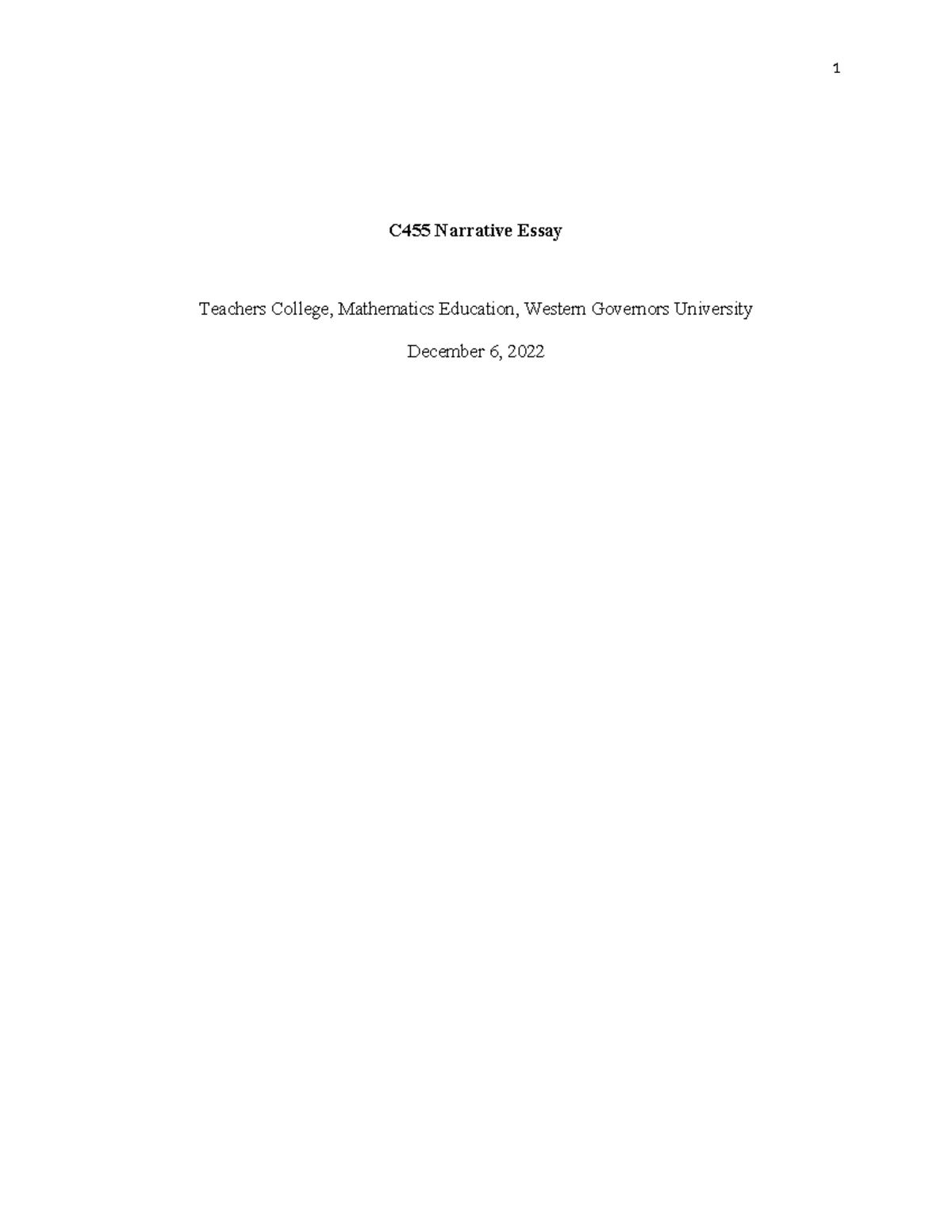 C455 Narrative Essay-Studco - 1 C455 Narrative Essay Teachers College ...