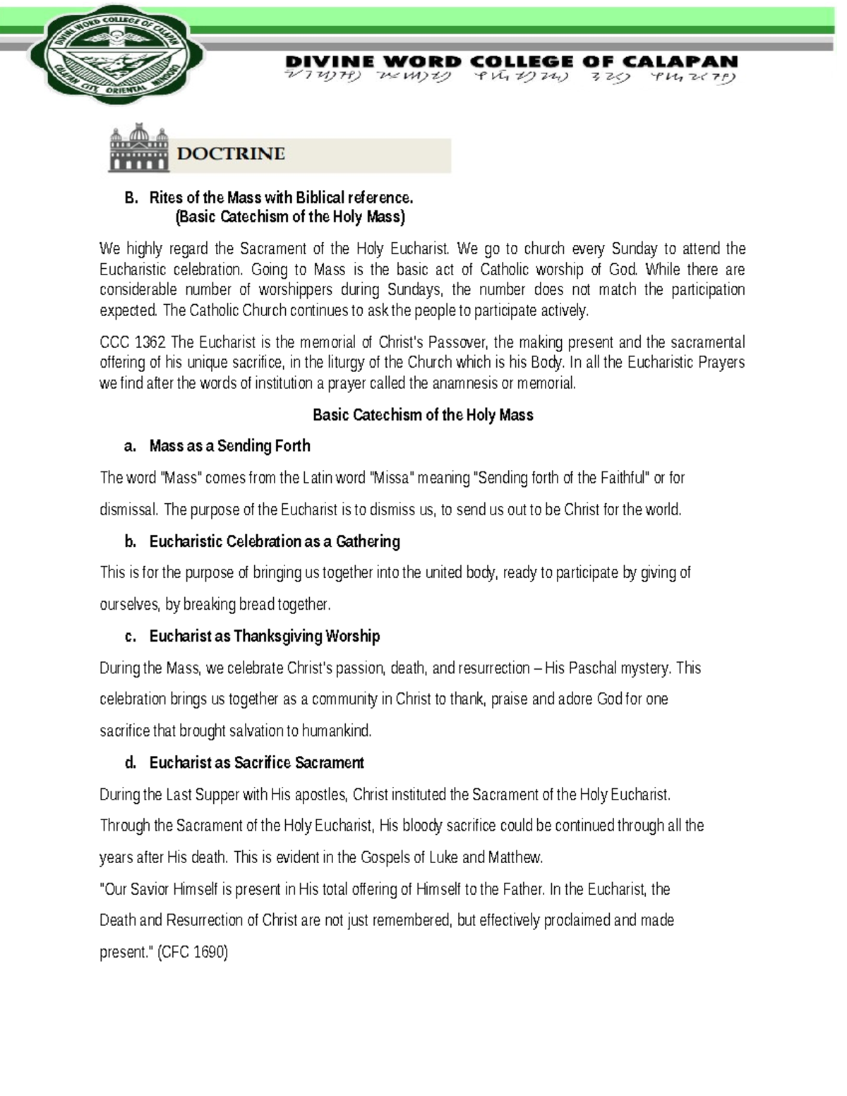 CD-Module-8-Q2 - good - B. Rites of the Mass with Biblical reference ...