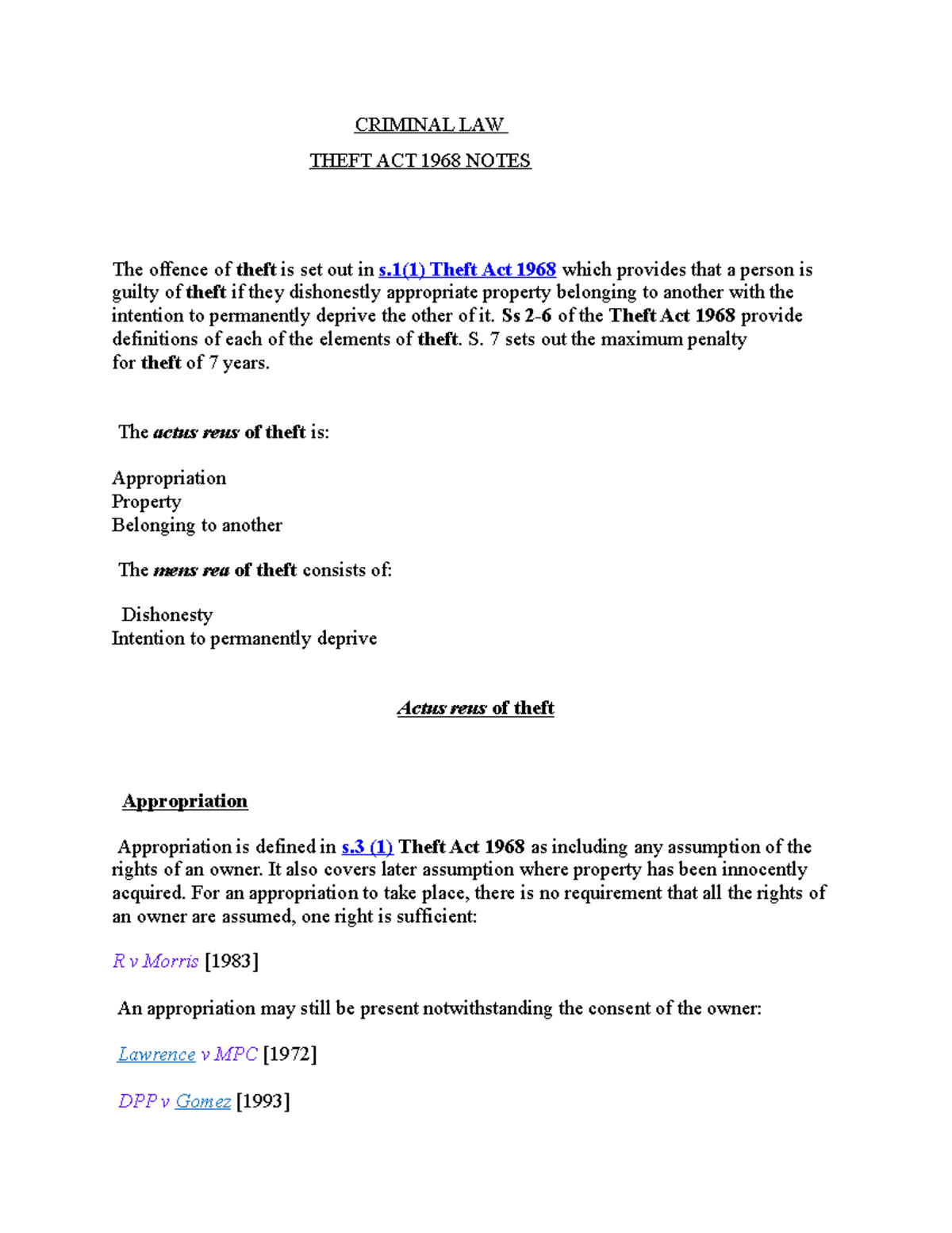Criminal LAW ( Theft ACT 1968 Notes) - CRIMINAL LAW THEFT ACT 1968 ...