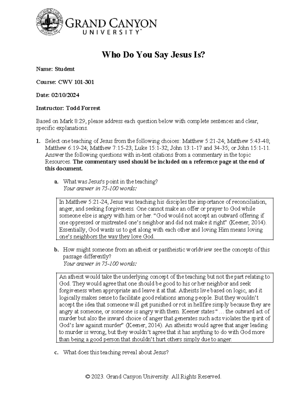 CWV T4 Who is Jesus - Who Do You Say Jesus Is? Name: Student Course ...