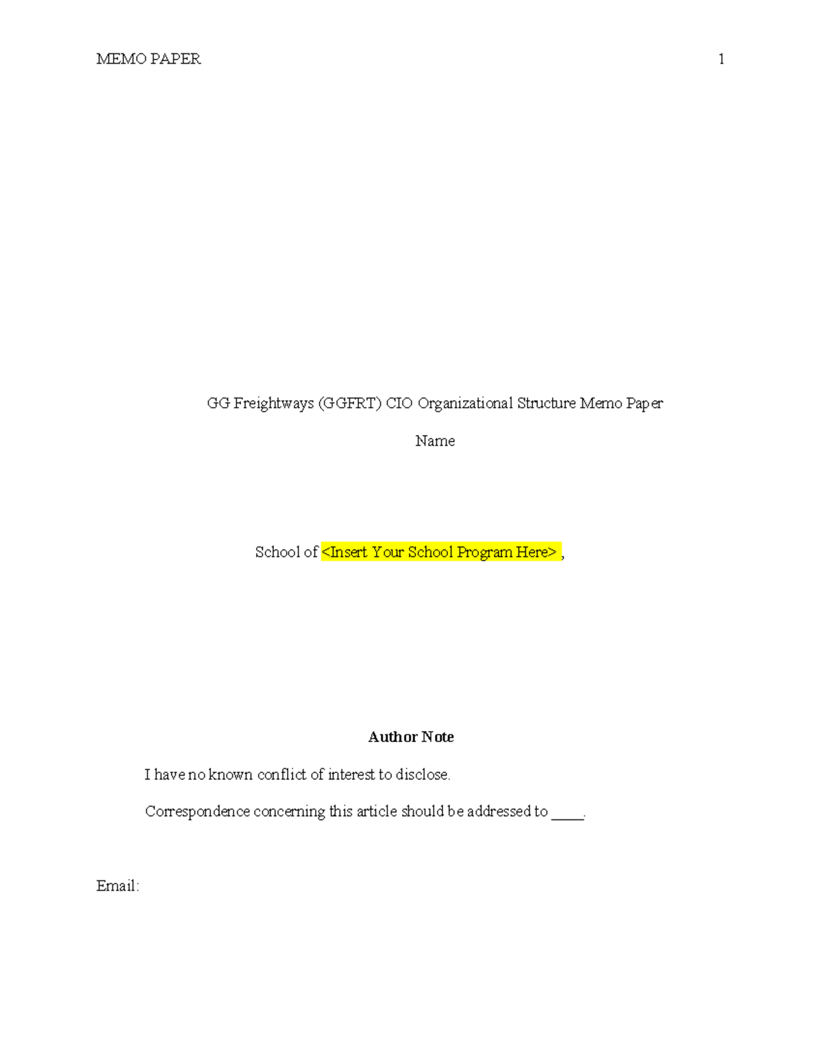 CIO Organizational Structure Memo Paper - GG Freightways (GGFRT) CIO ...