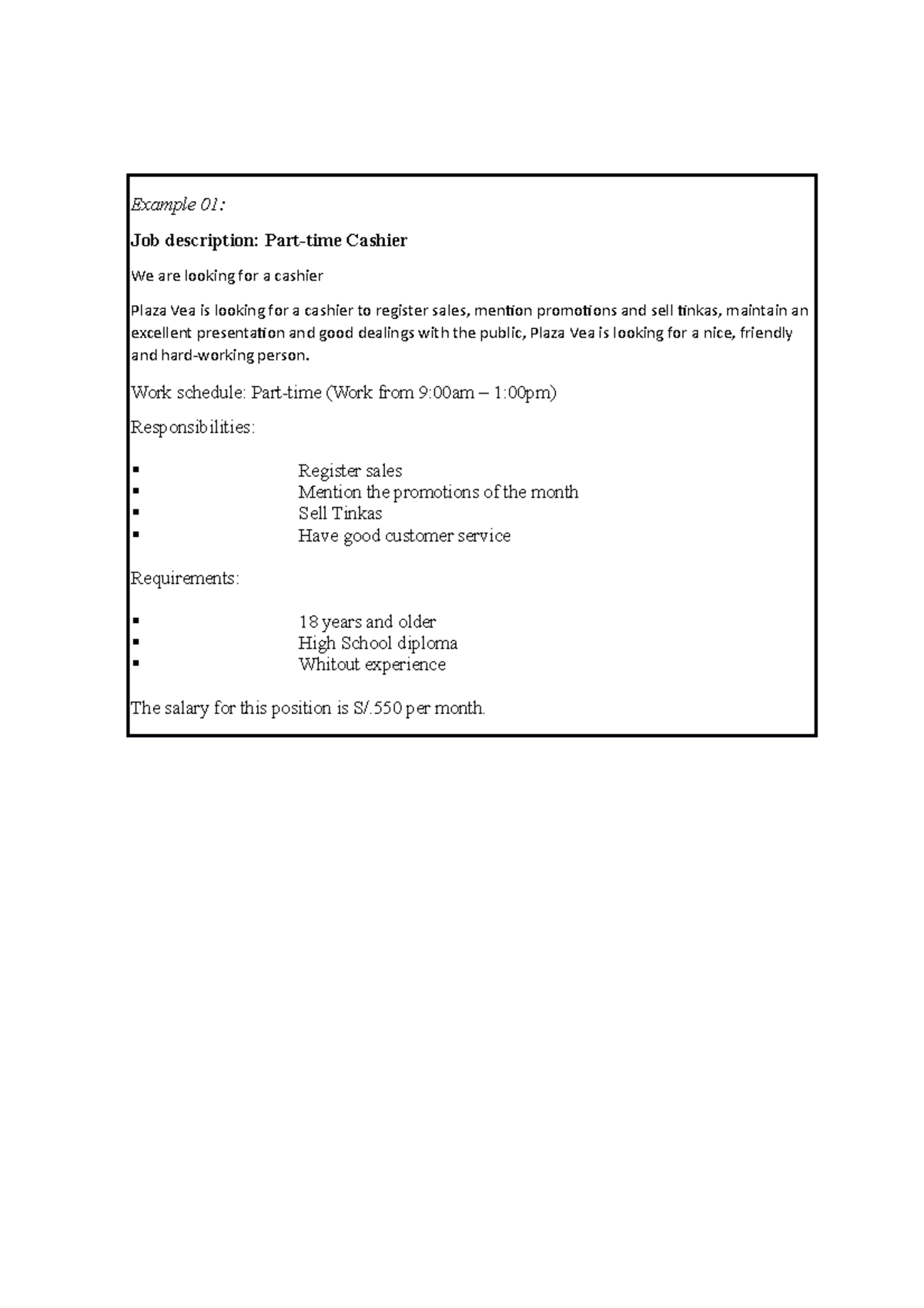 Working at a shop sem 6 - Example 01: Job description: Part-time ...