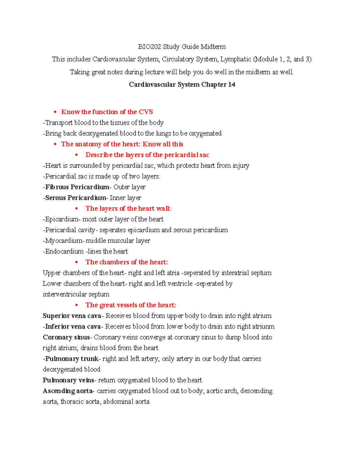 BIO202 Study Guide Midterm - Cardiovascular System Chapter 14 Know the ...