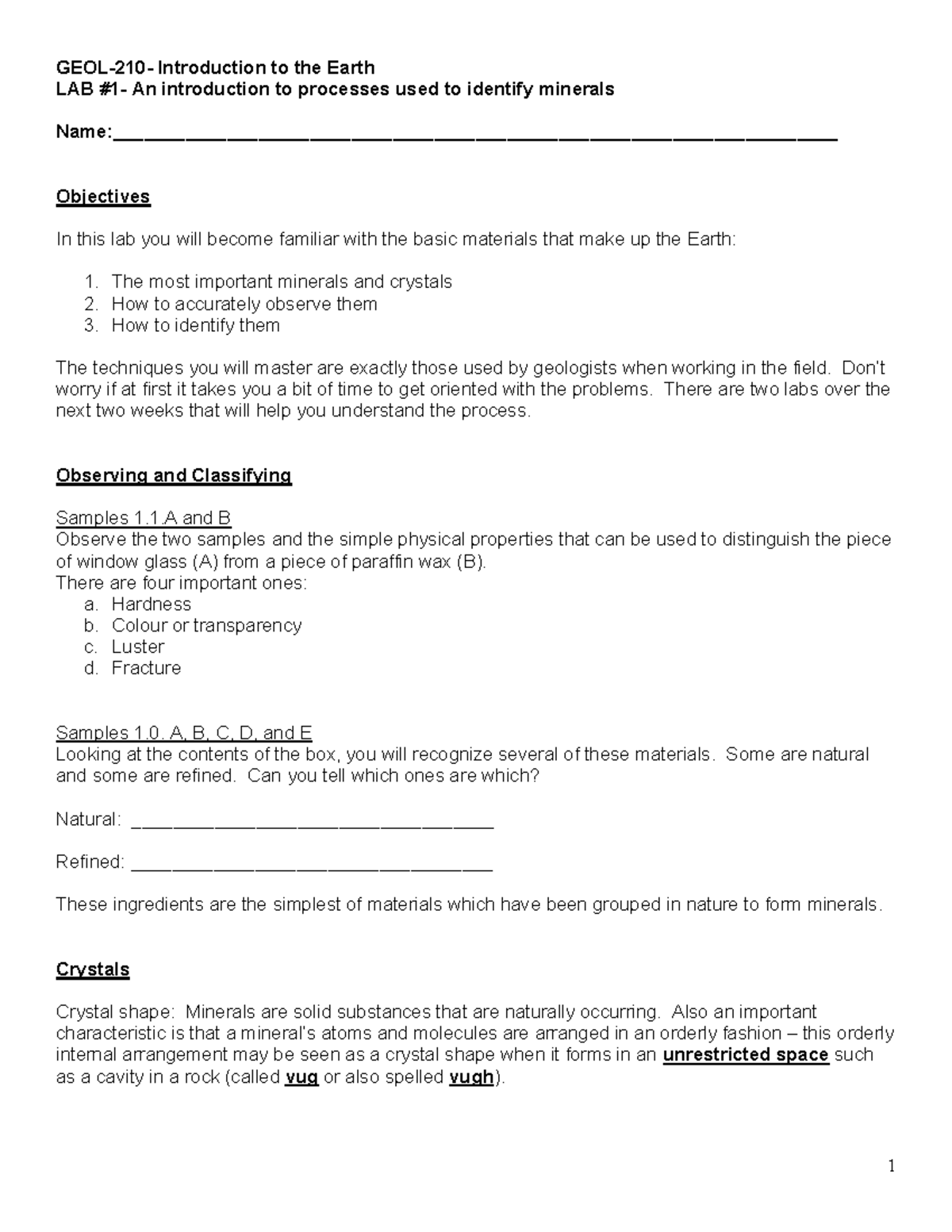 LAB #1 - Minerals 2021 - Lab number 1 for GEOL 210 Fall 2021 - GEOL 210 ...
