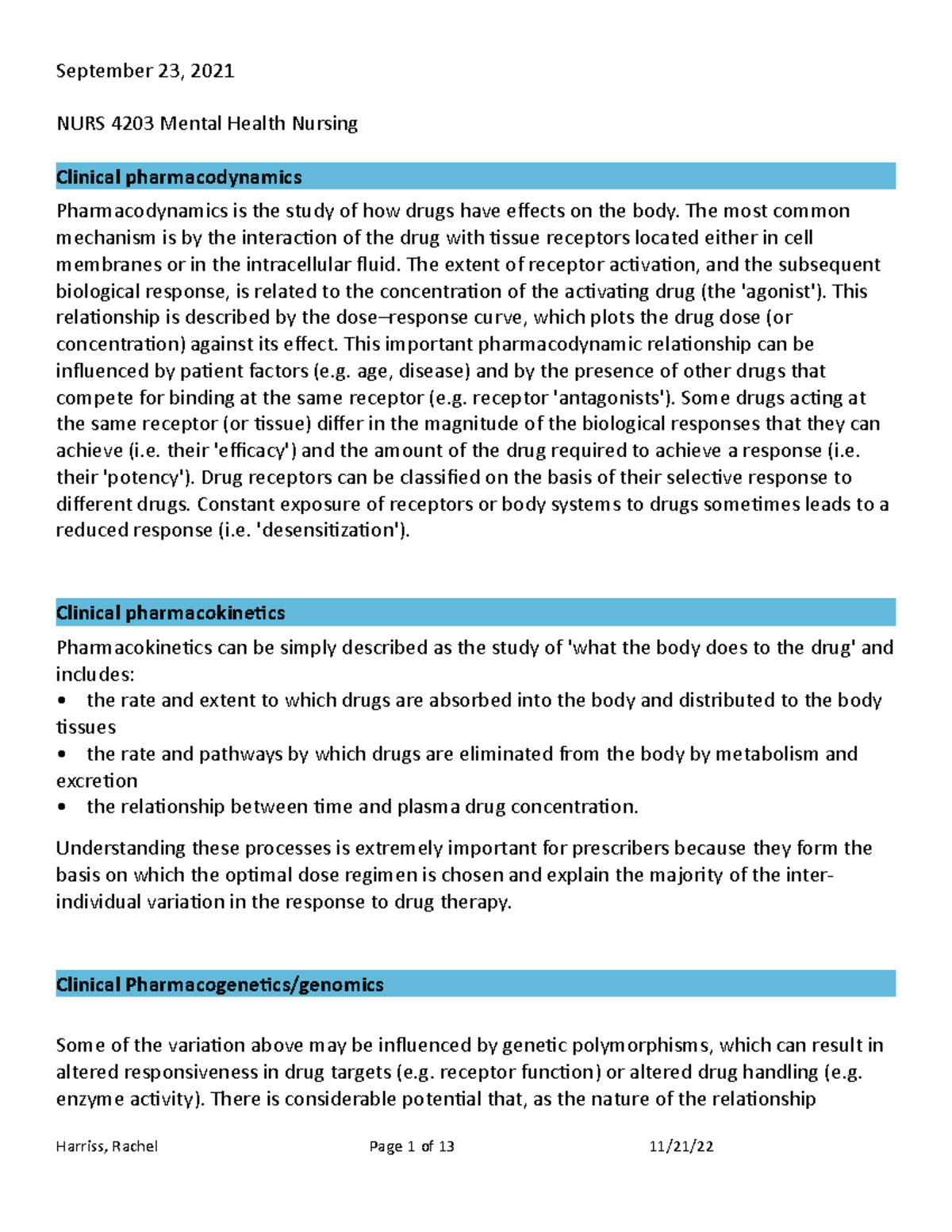 Psych Pharm Lecture Notes - September 23, 2021 NURS 4203 Mental Health ...