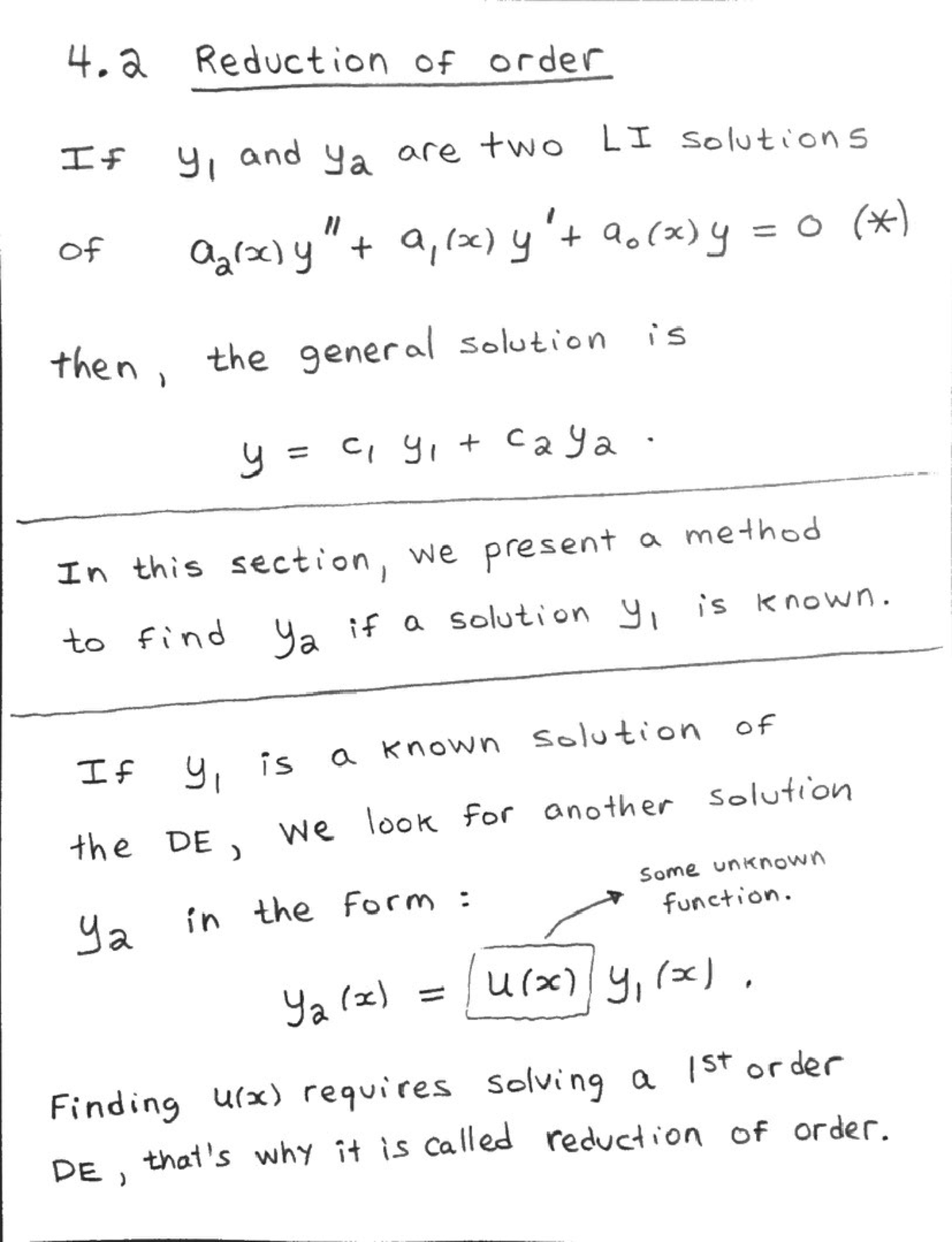 4.2 Reduction of Order - Lecture Notes - MATH 252 - Studocu