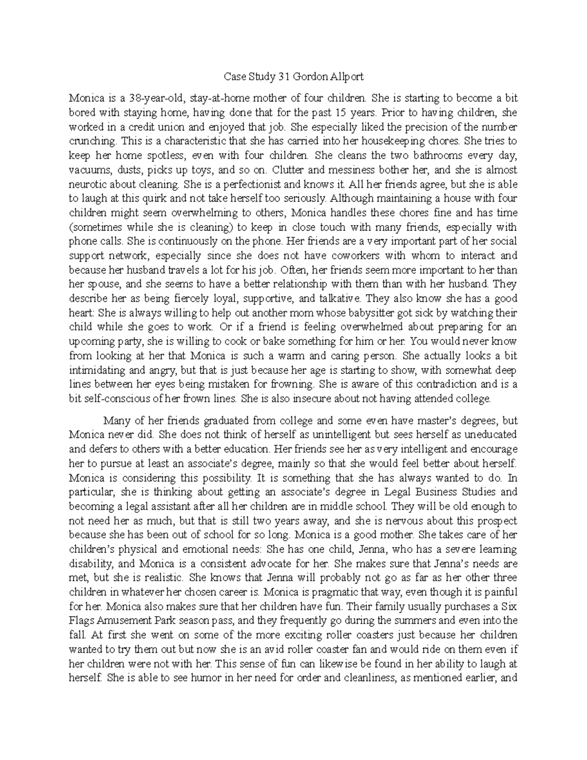 Case Study 31 Allport - Case Study 31 Gordon Allport Monica is a 38-year-old, stay-at-home ...