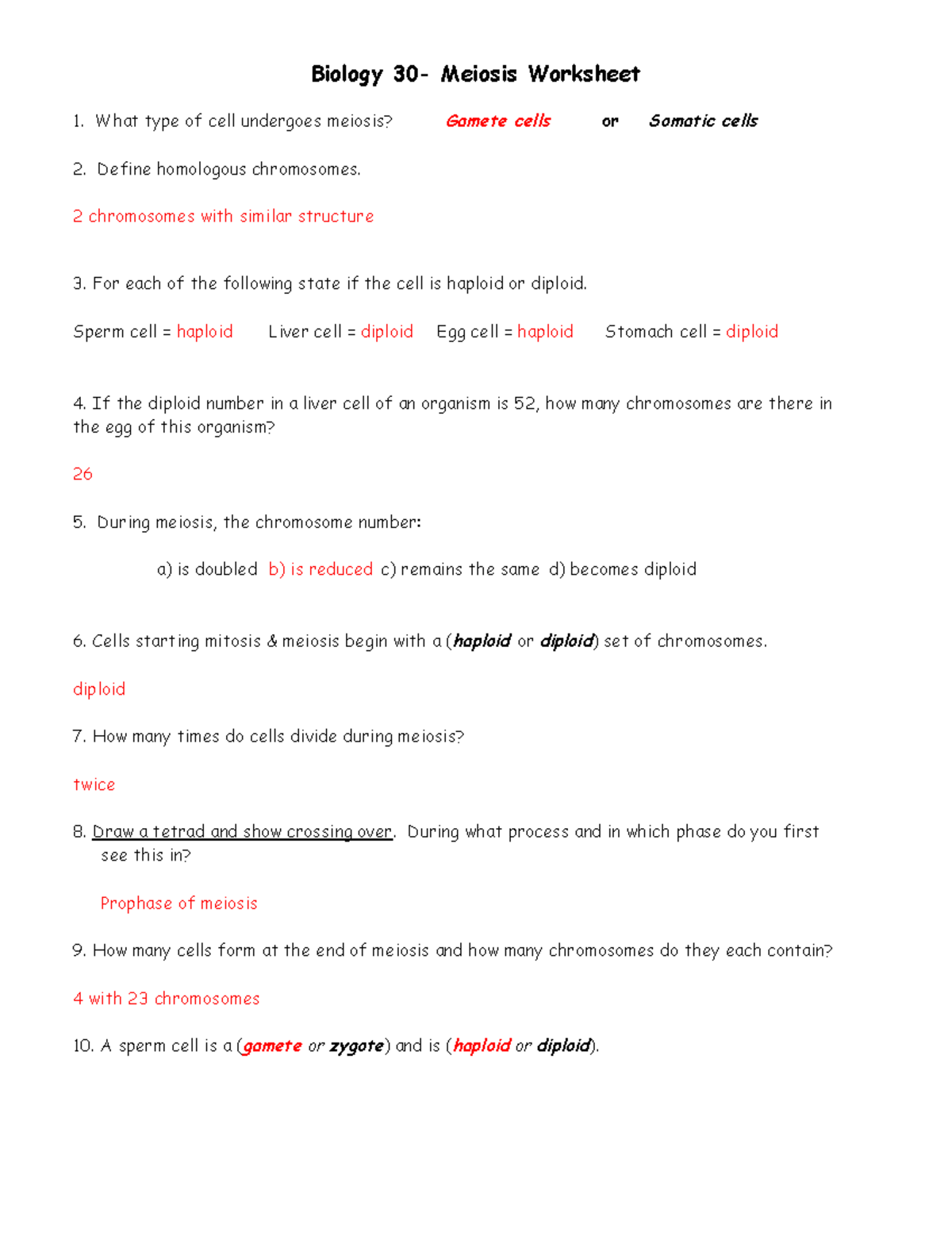 Biology 30- Meiosis Worksheet 2019 - Biology 30- Meiosis Worksheet What ...
