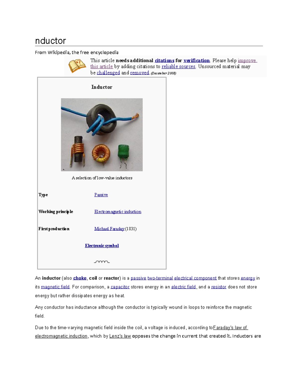 Inductor - electronics - nductor ####### From Wikipedia, the free encyclopedia ####### This ...