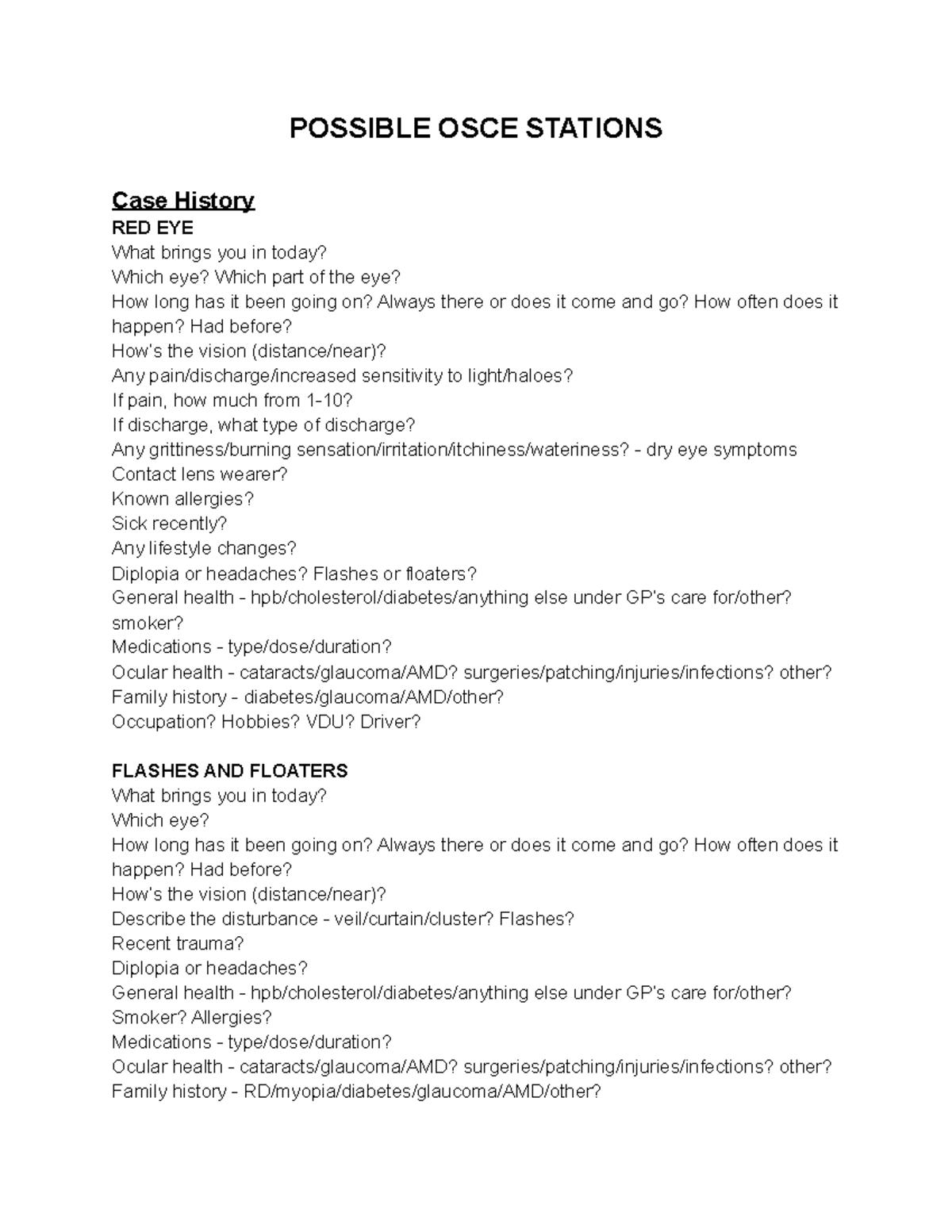 Possible OSCE Stations - POSSIBLE OSCE STATIONS Case History RED EYE ...
