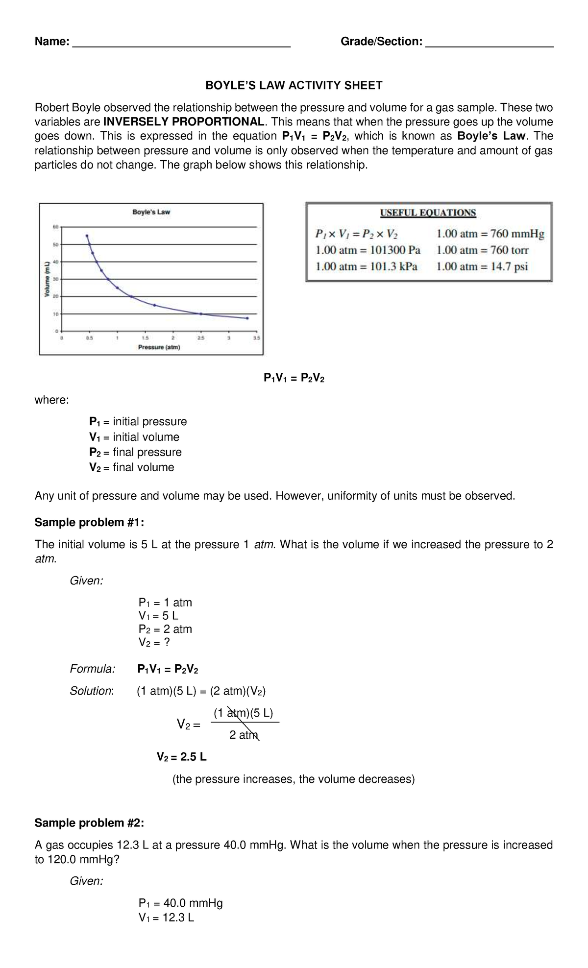 Boyle'S LAW Activity Sheet - Name ...