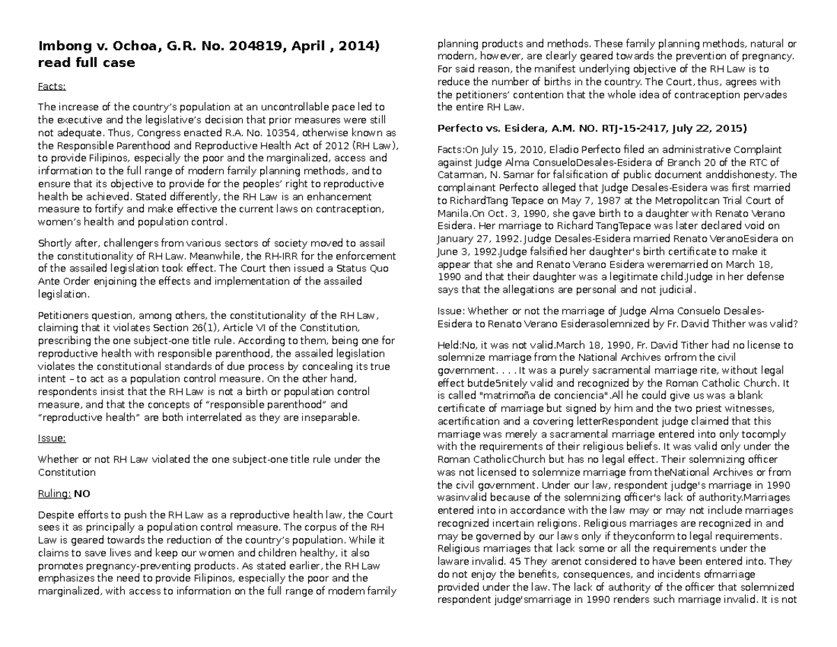 Const 2 section 5 cases - Imbong v. Ochoa, G. No. 204819, April , 2014) read full case Facts ...