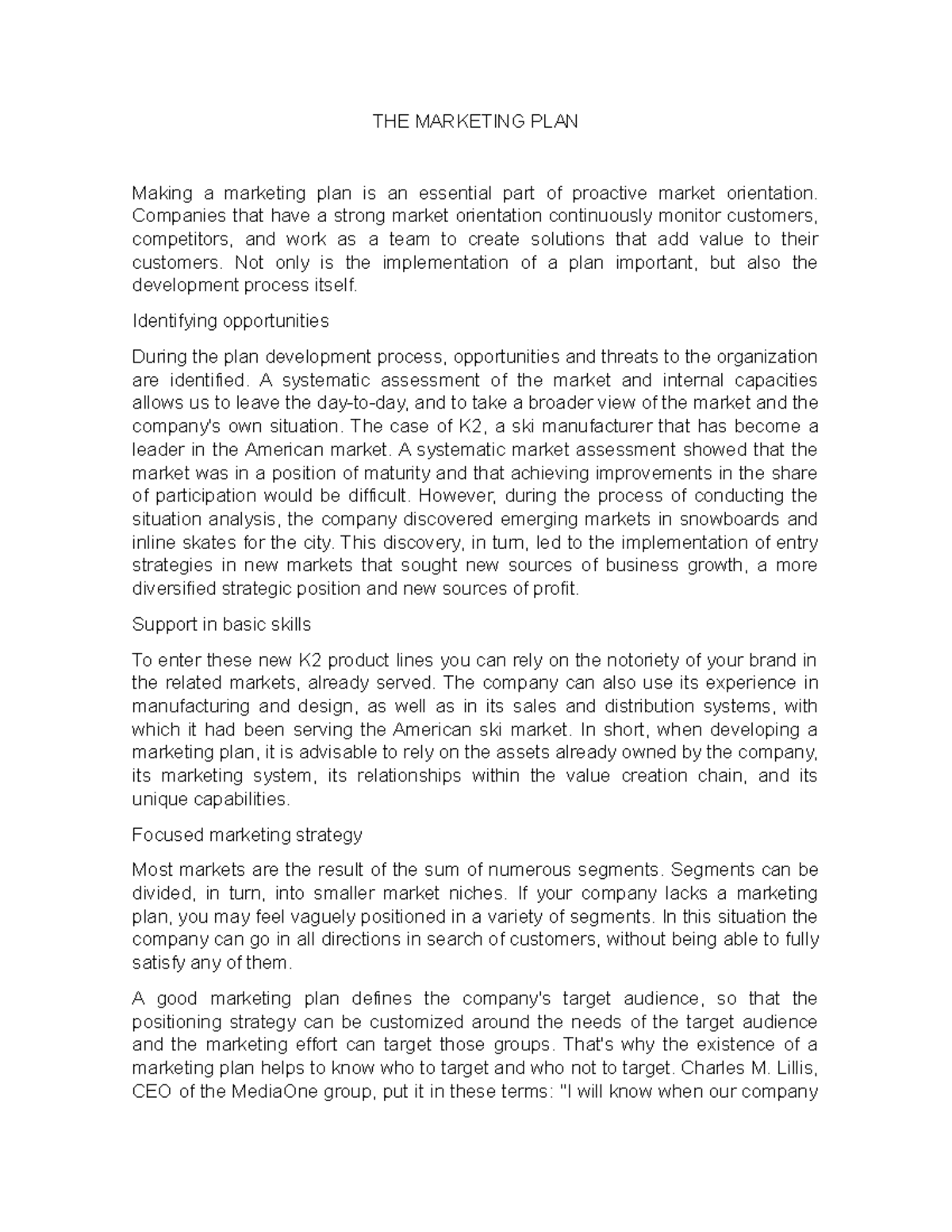 THE Marketing PLAN - Lecture notes 3 - THE MARKETING PLAN Making a ...