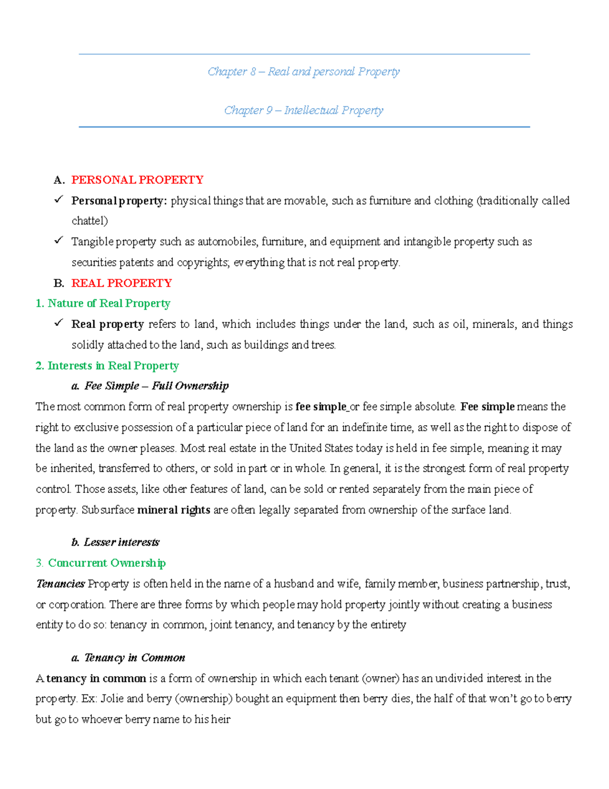 Chapter 8&9 – Real and personal Property Chapter 9 - Intellectual ...