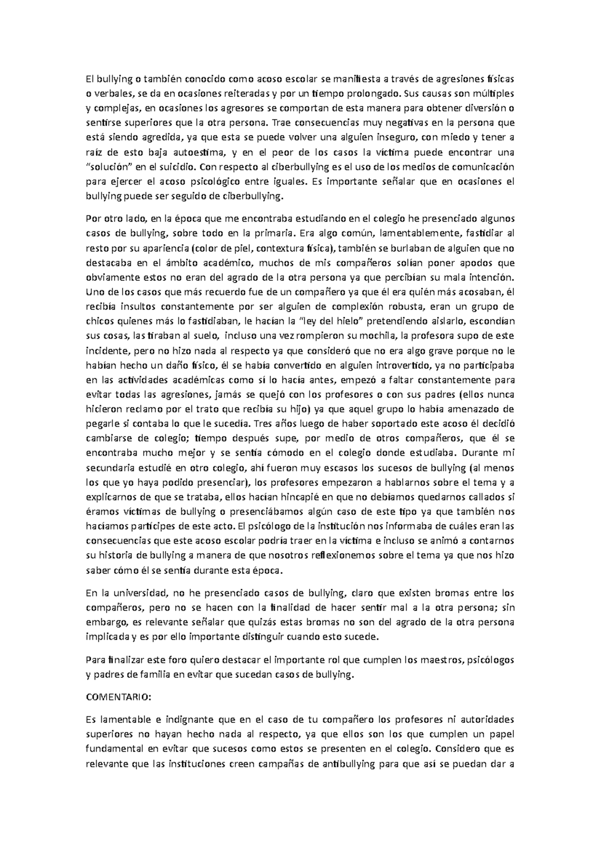 FORO N 4 - El bullying o también conocido como acoso escolar se ...