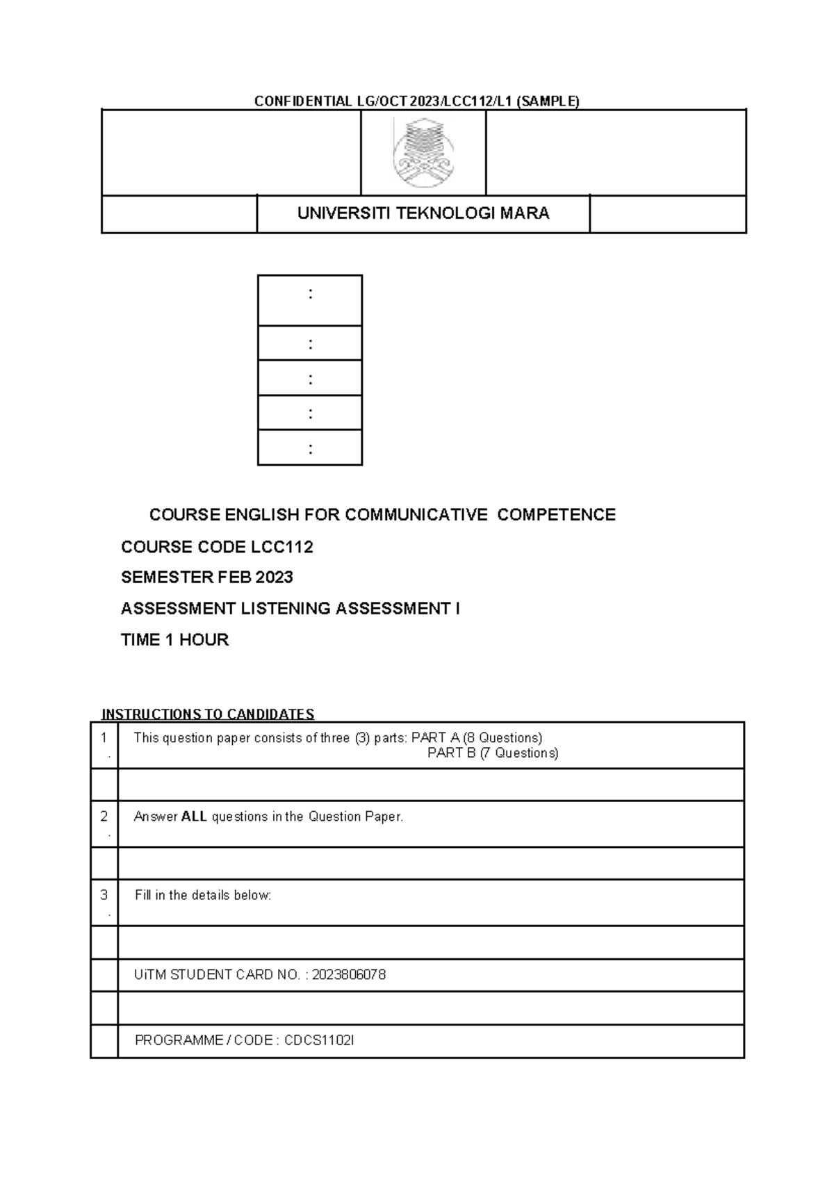 LCC112 Sample Listening Assessment L1 QP - CONFIDENTIAL LG/OCT 2023 ...