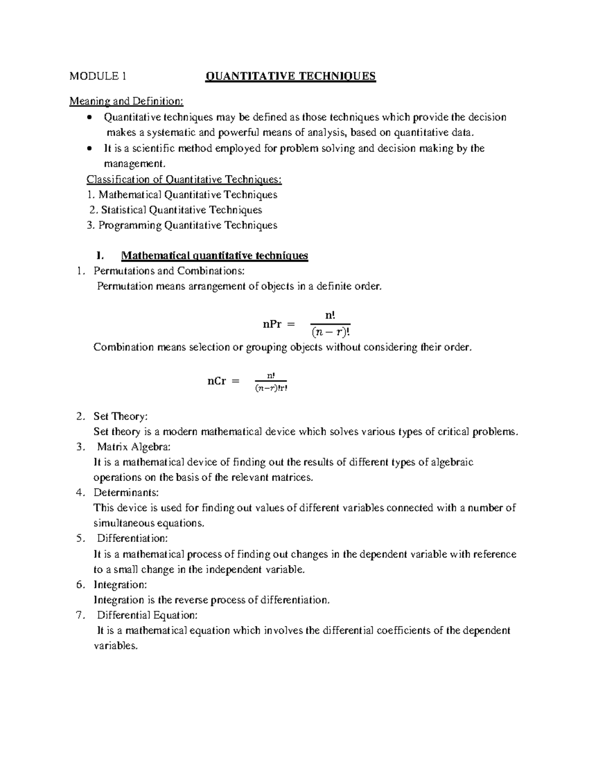1618993685 qt full module pdf pdf - MODULE 1 QUANTITATIVE TECHNIQUES Meaning and Definition ...