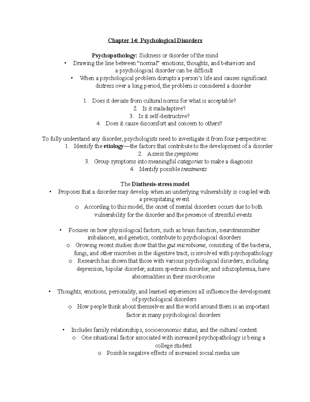 Chapter 14 Notes - Chapter 14: Psychological Disorders Psychopathology ...