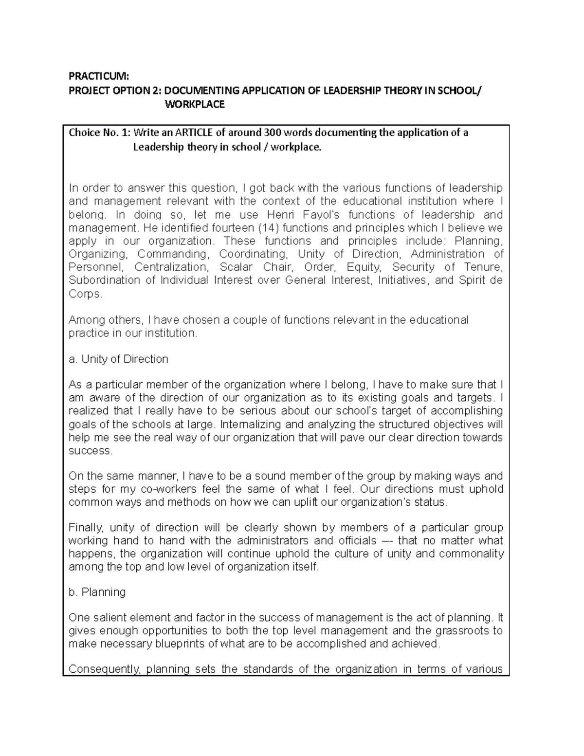 Practicum No. 2 - Education - PRACTICUM: PROJECT OPTION 2: DOCUMENTING ...