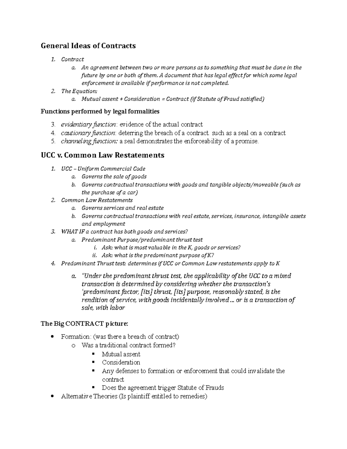 Contract Quick Outline 2022 Finals - General Ideas of Contracts 1 ...