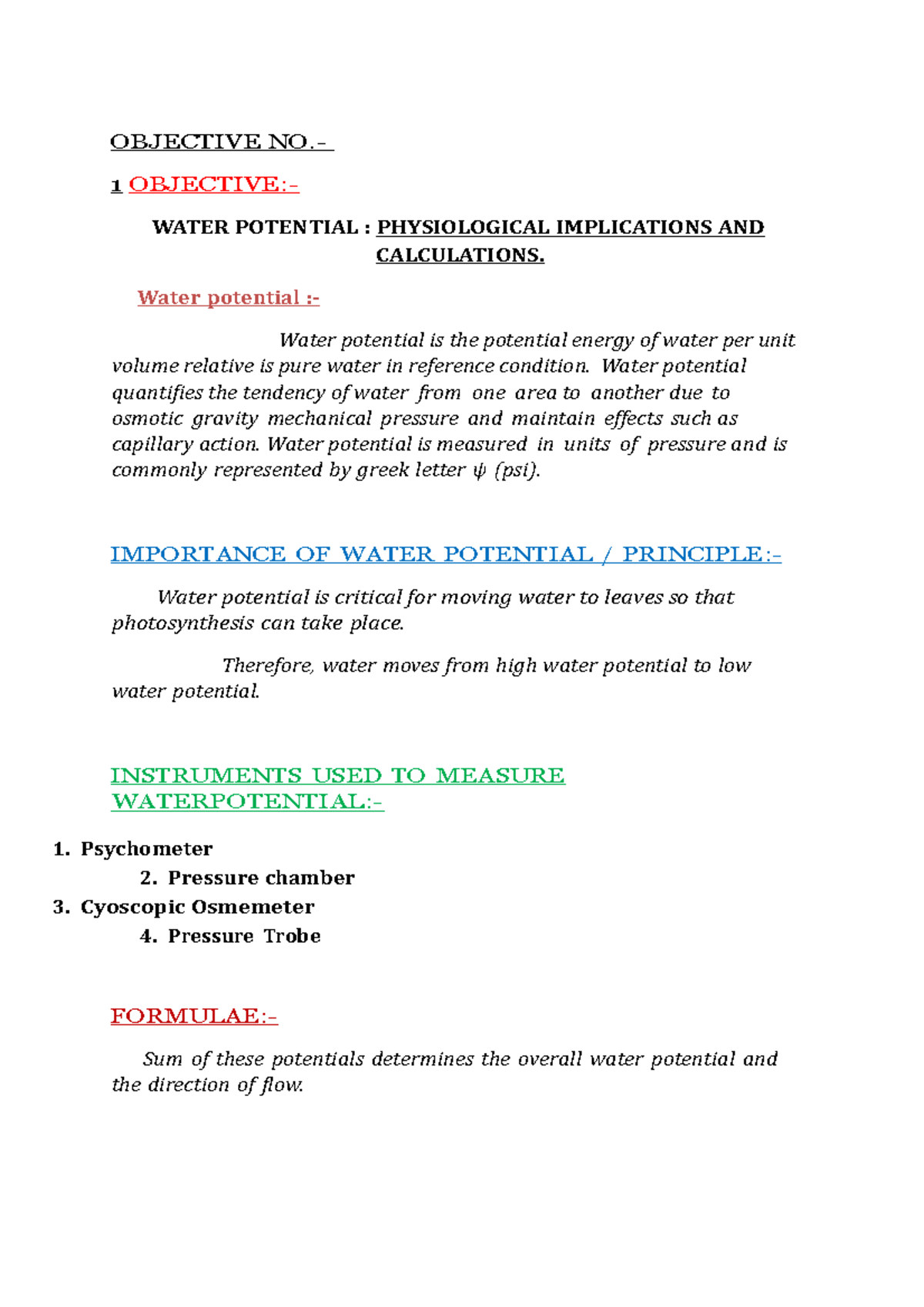 Water Potential Physiological Implications AND Calculations - OBJECTIVE NO.- 1 OBJECTIVE:- WATER ...