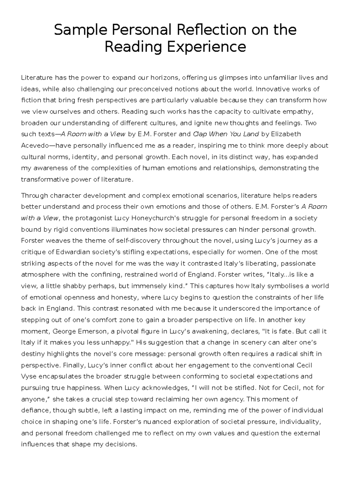 Sample Personal Reflection - Innovative works of fiction that bring ...