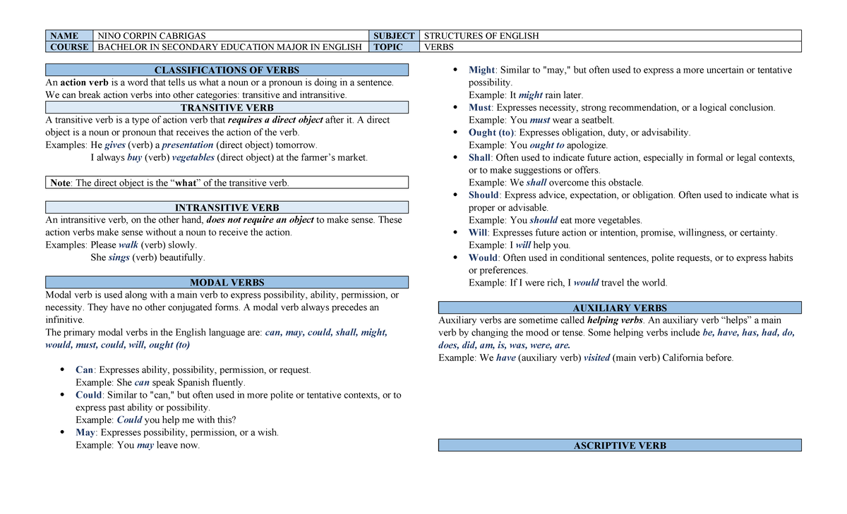 Verbs - COURSE BACHELOR IN SECONDARY EDUCATION MAJOR IN ENGLISH TOPIC ...