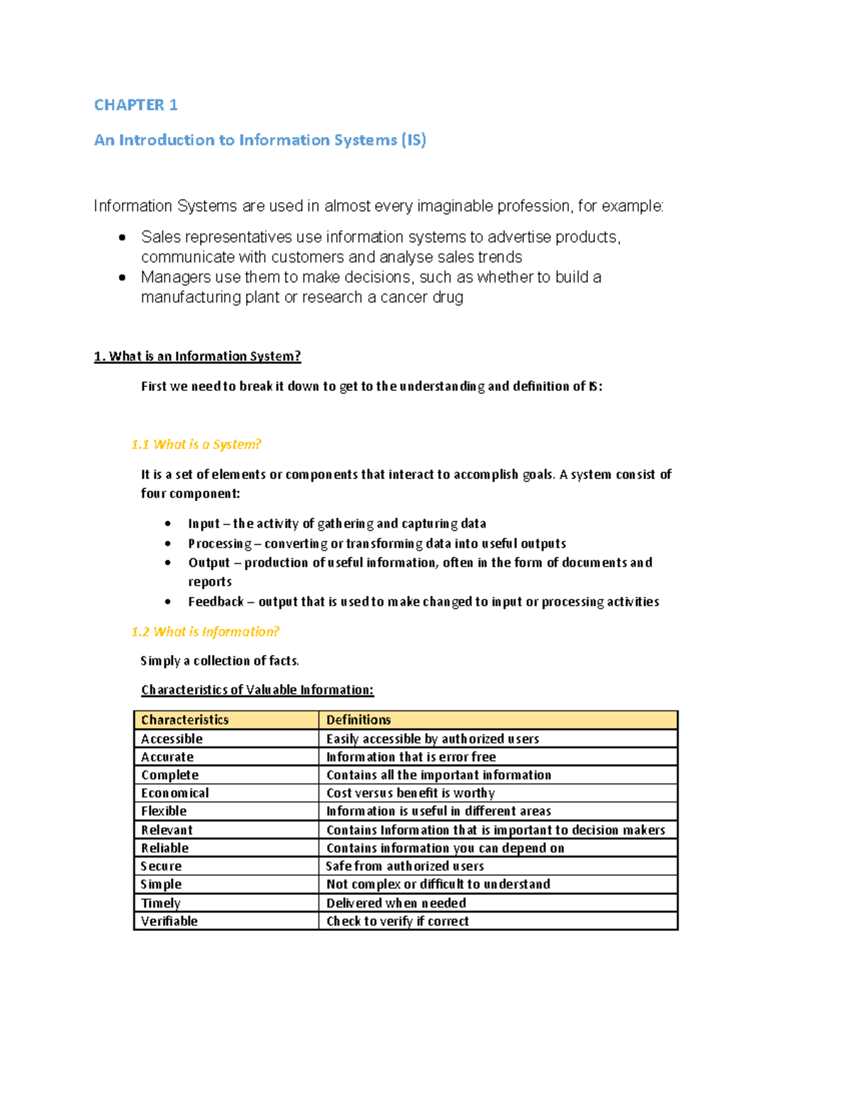 INF Prescribed Summary - CHAPTER 1 An Introduction to Information Systems (IS) Information ...