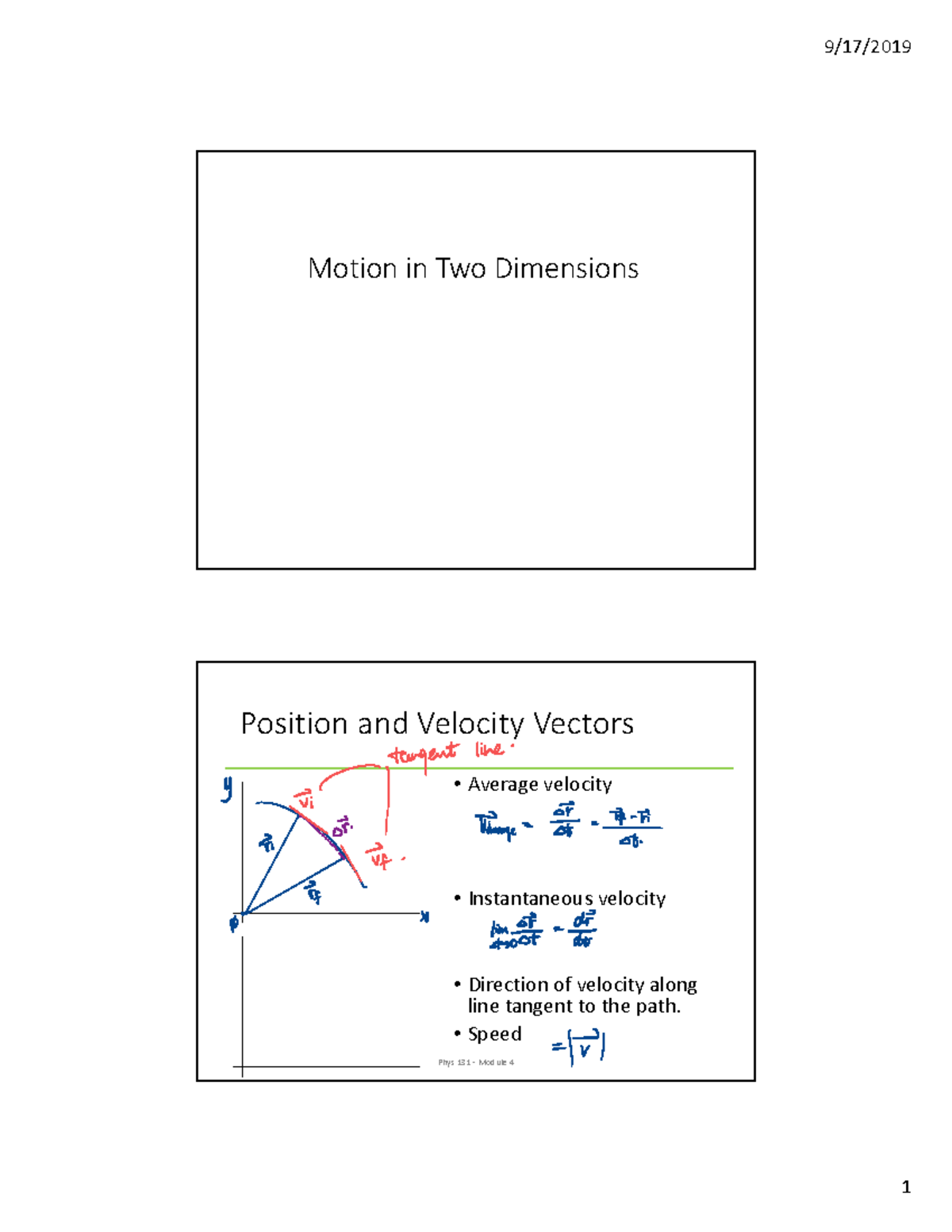 Module 4 2D Motion pre lecture - Motion in Two Dimensions Position and ...