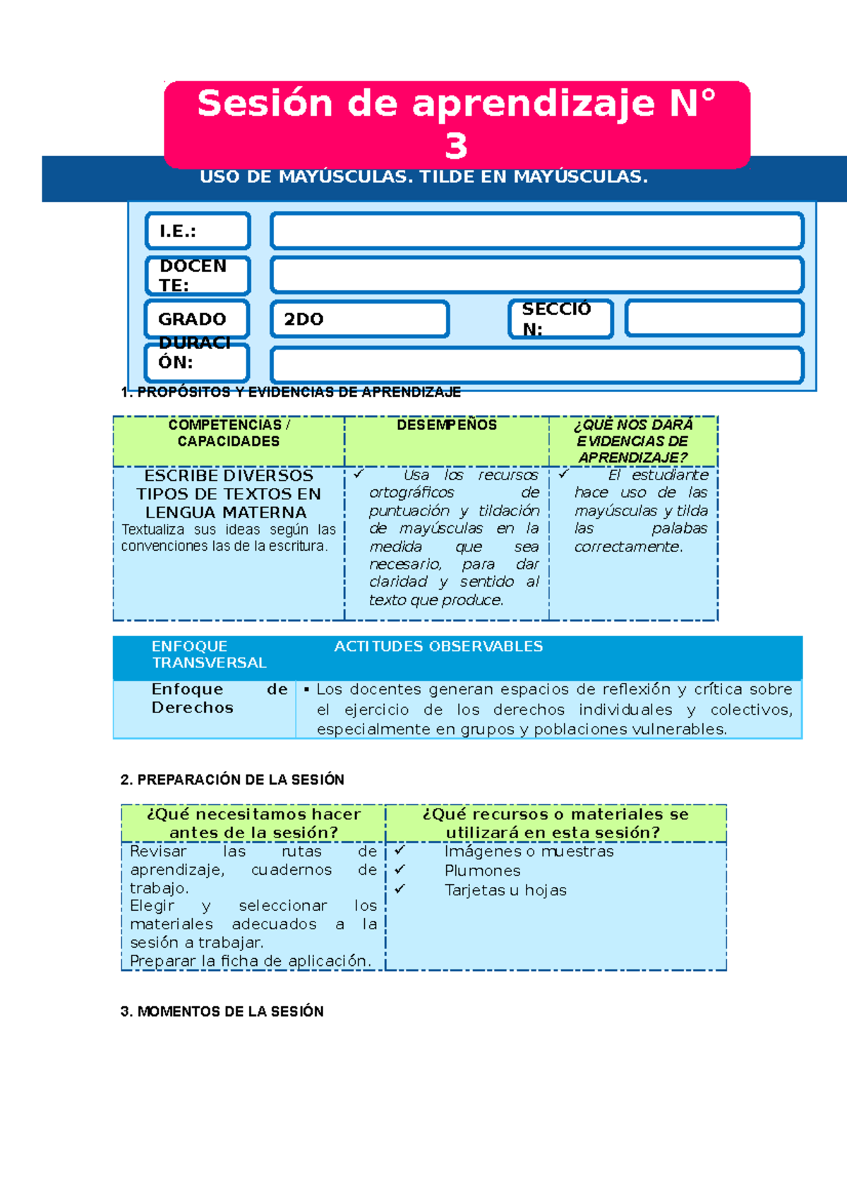 SA 3 - COMU - 2DO SEC - fichas - Sesión de aprendizaje N° 3 I.: DOCEN TE: GRADO SECCIÓ N: DURACI ...
