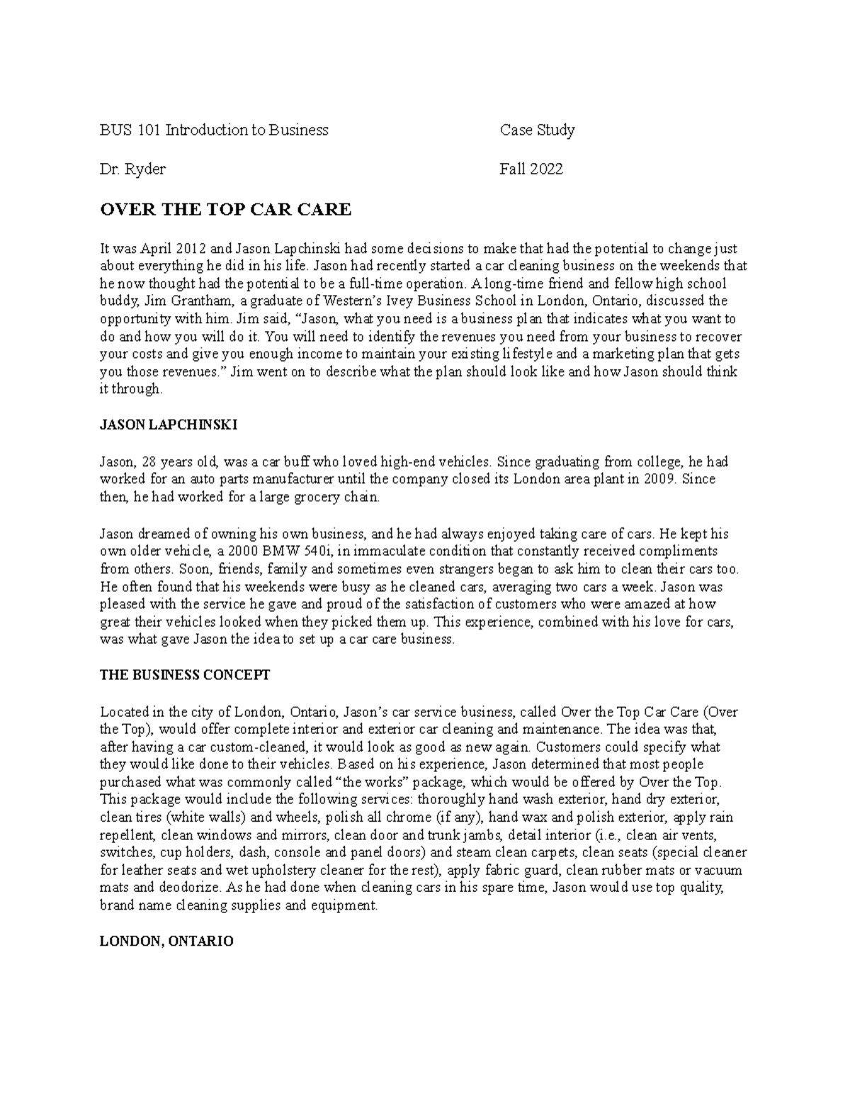 BUS 101 Case Study Intro to Business Fall 2022 - BUS 101 Introduction ...