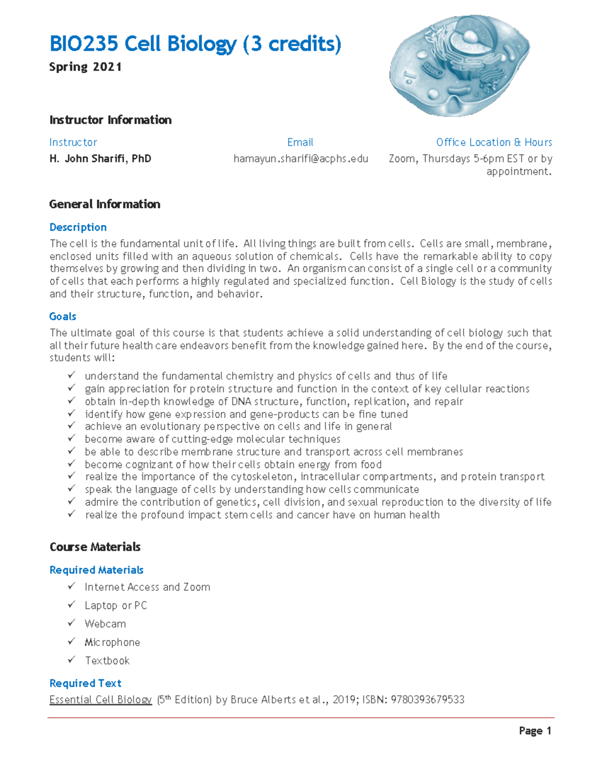 BIO 235 Cell Biology Syllabus and Schedule Spring 2021 - BIO235 Cell ...