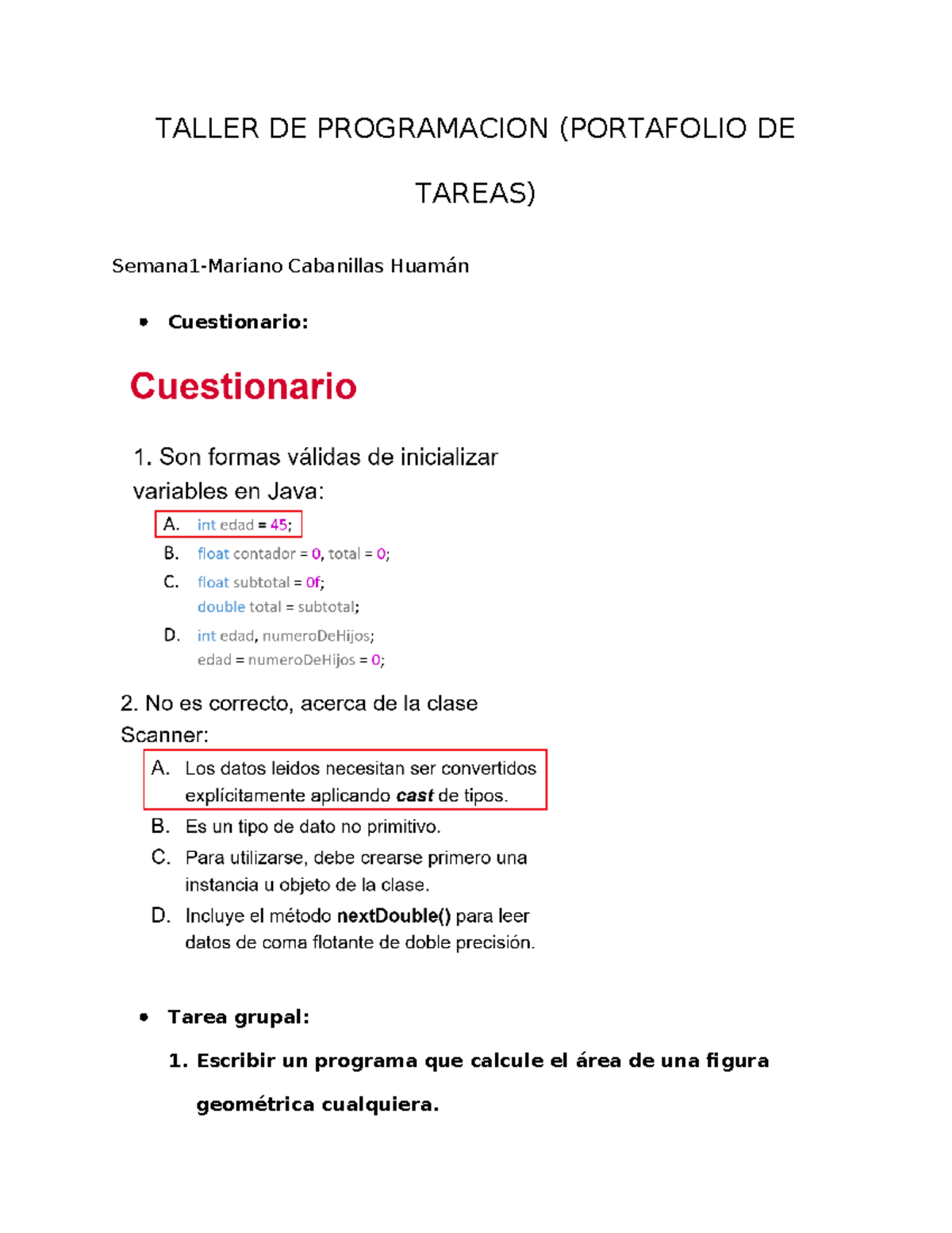 Taller DE Programacion - TALLER DE PROGRAMACION (PORTAFOLIO DE TAREAS ...