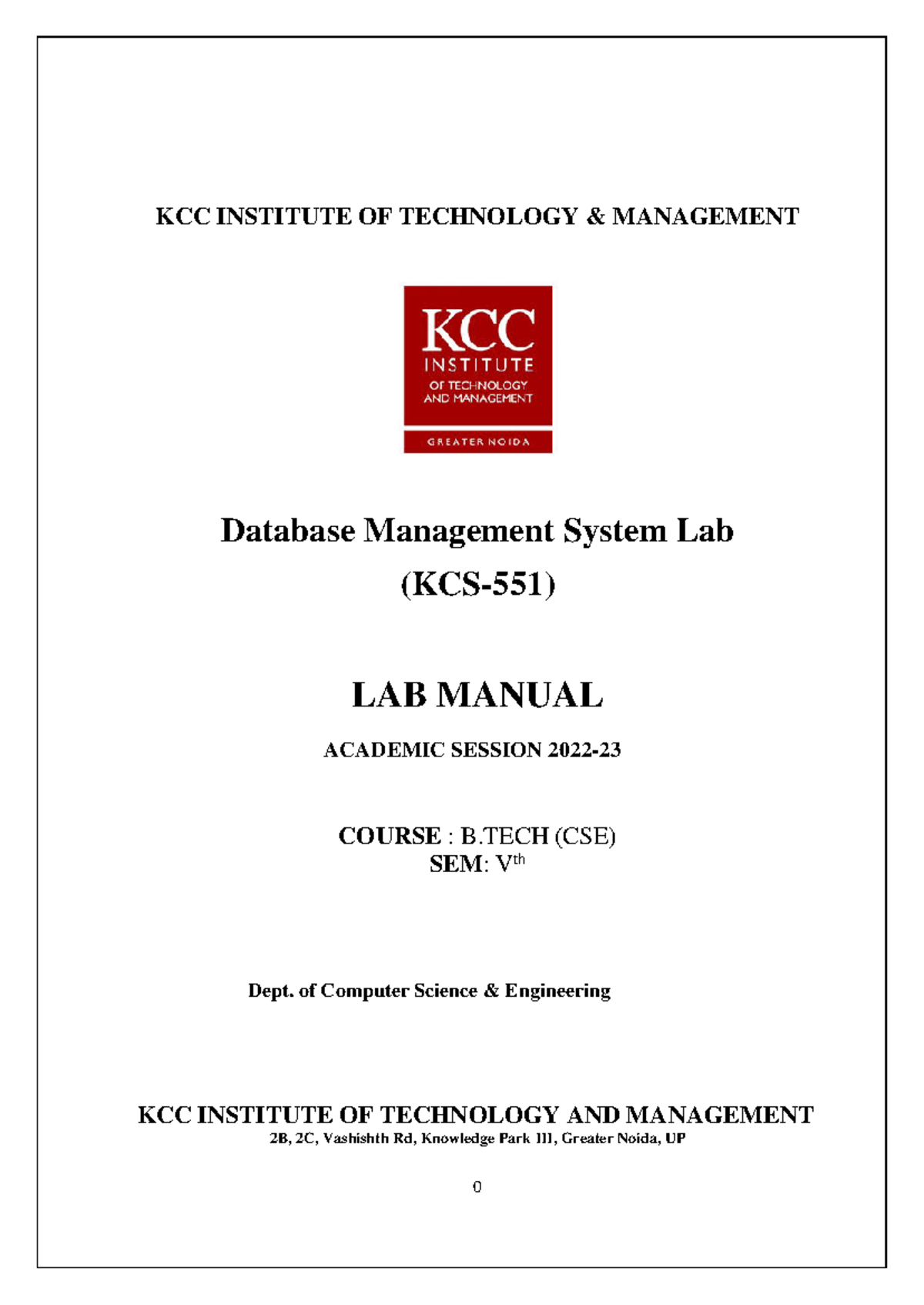 KCS551(DBMS) 5th Sem - KCC INSTITUTE OF TECHNOLOGY & MANAGEMENT Database Management System Lab ...